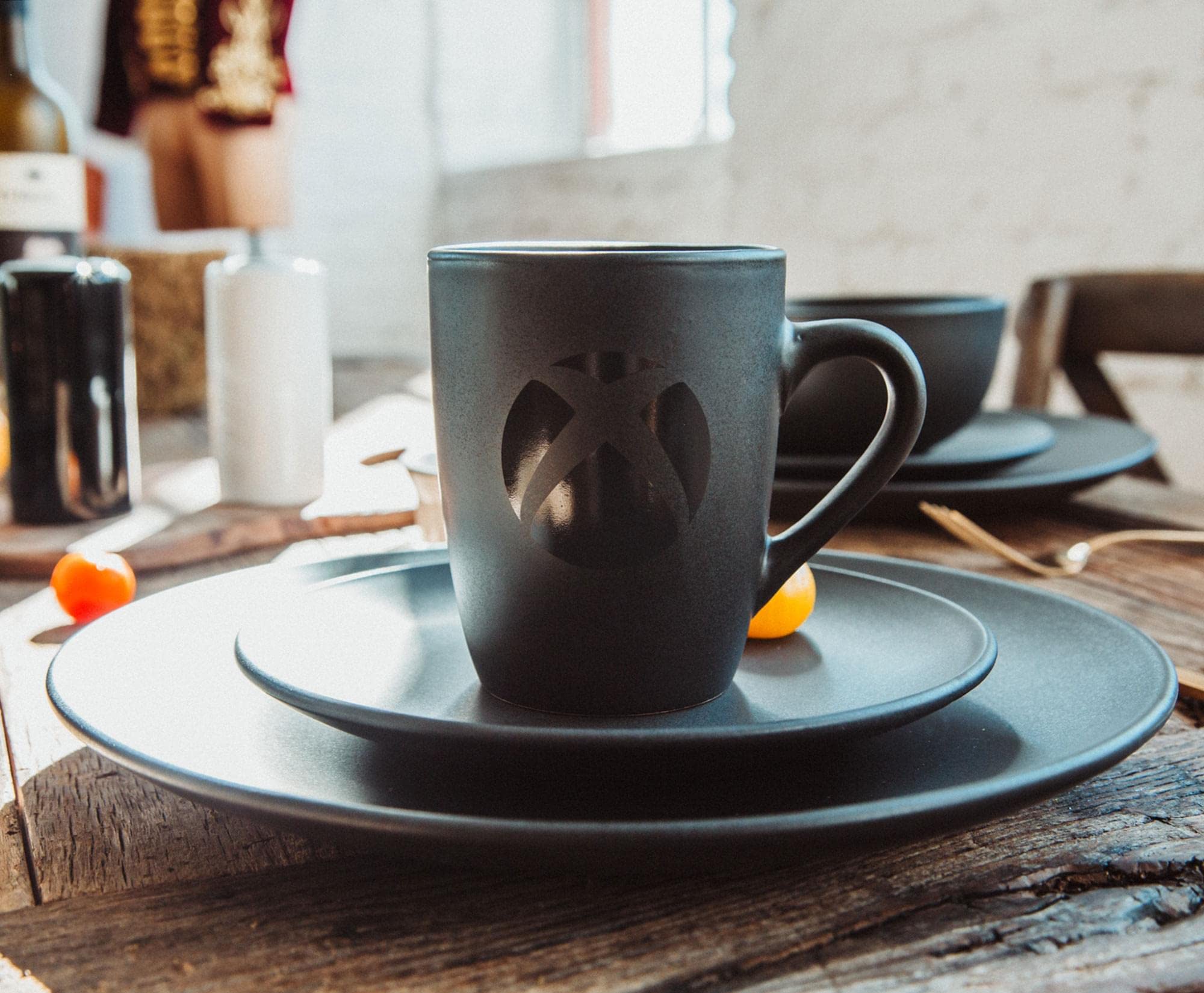 Ukonic Xbox Matte Black 8-Piece Ceramic Dinnerware Set | Includes Salad Plates, Soup Bowls, Mugs