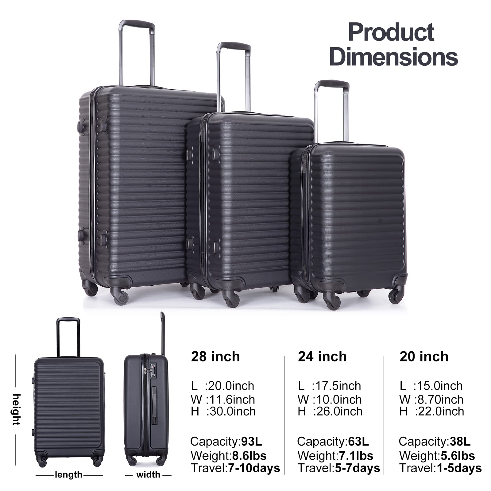 Tripcomp Luggage Sets Wear-Resistance Hardside Lightweight Suitcase Double Spinner Wheels, TSA Lock,Two Hooks, Scratch-resistant Carry-on,3 Piece Set(20inch 24inch 28inch) (Silver)