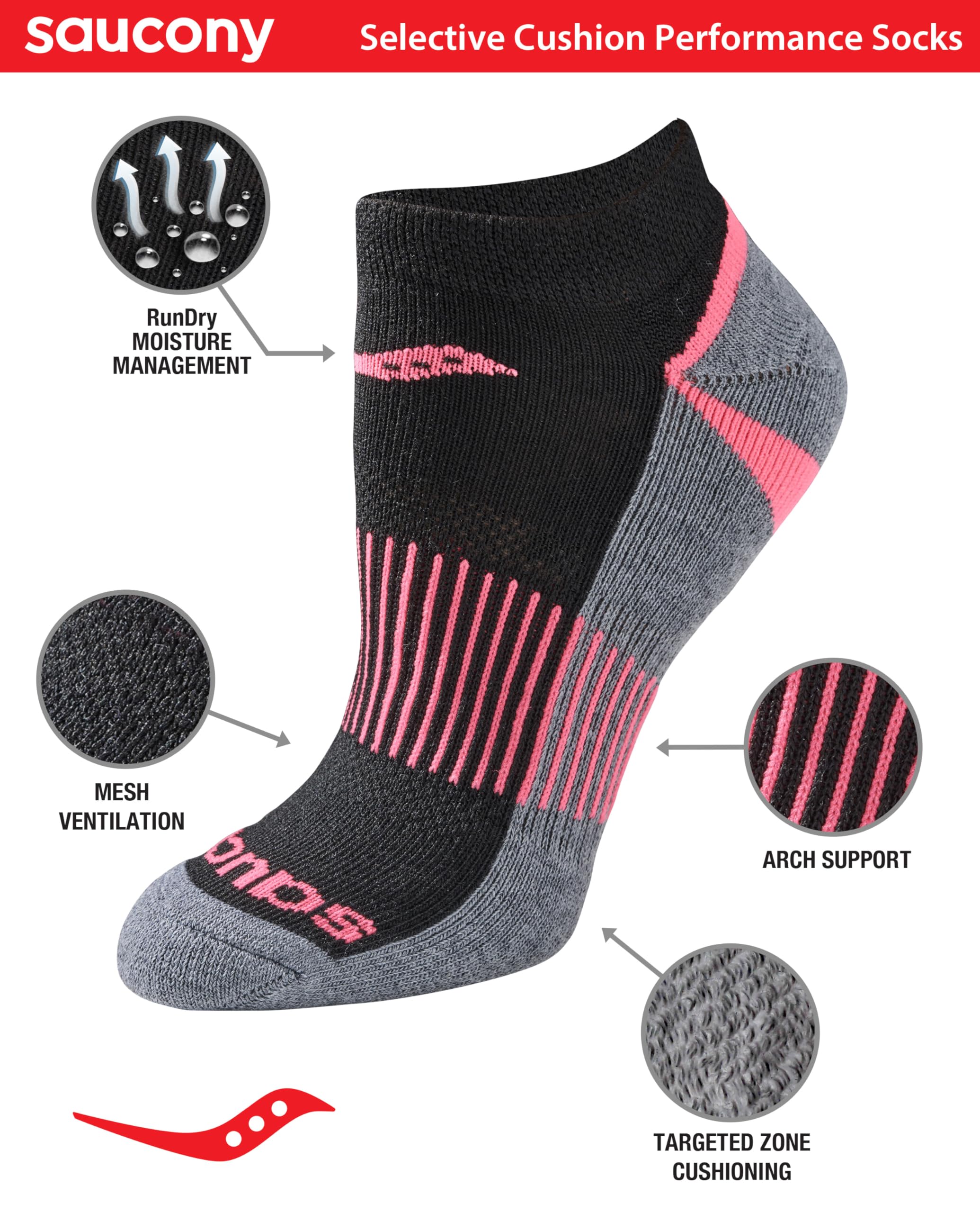 Saucony womens Selective Cushion Performance No Show Athletic Sport (6 Pairs) Socks, Black Assorted Pairs), Shoe Size 5-10 US