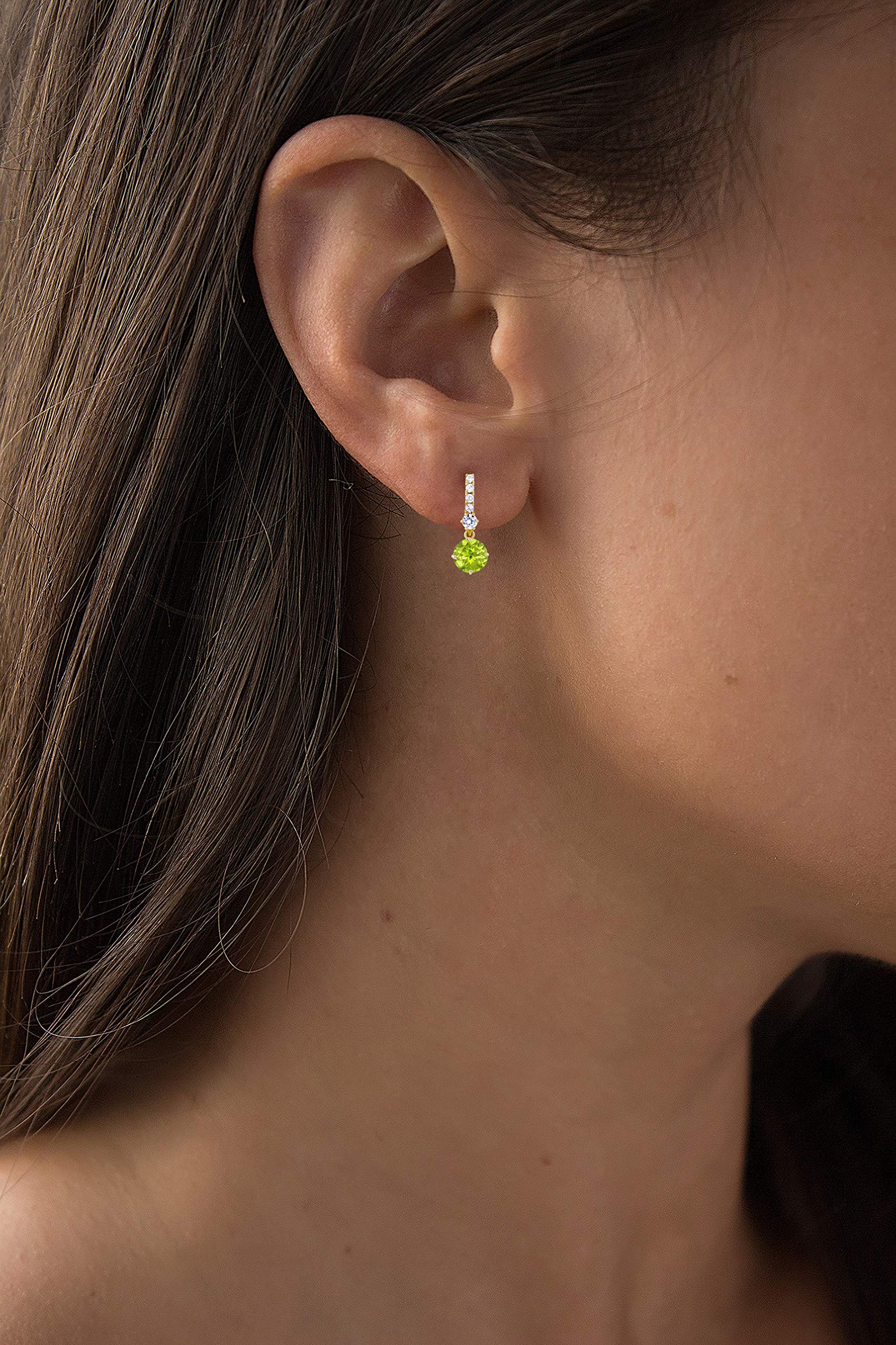 Solid 14K Yellow Gold 6mm Natural Green Peridot August Birthstone Dangling Stud Earrings For Women & 1mm Created White Sapphire Bridal Dangling Earrings For Women