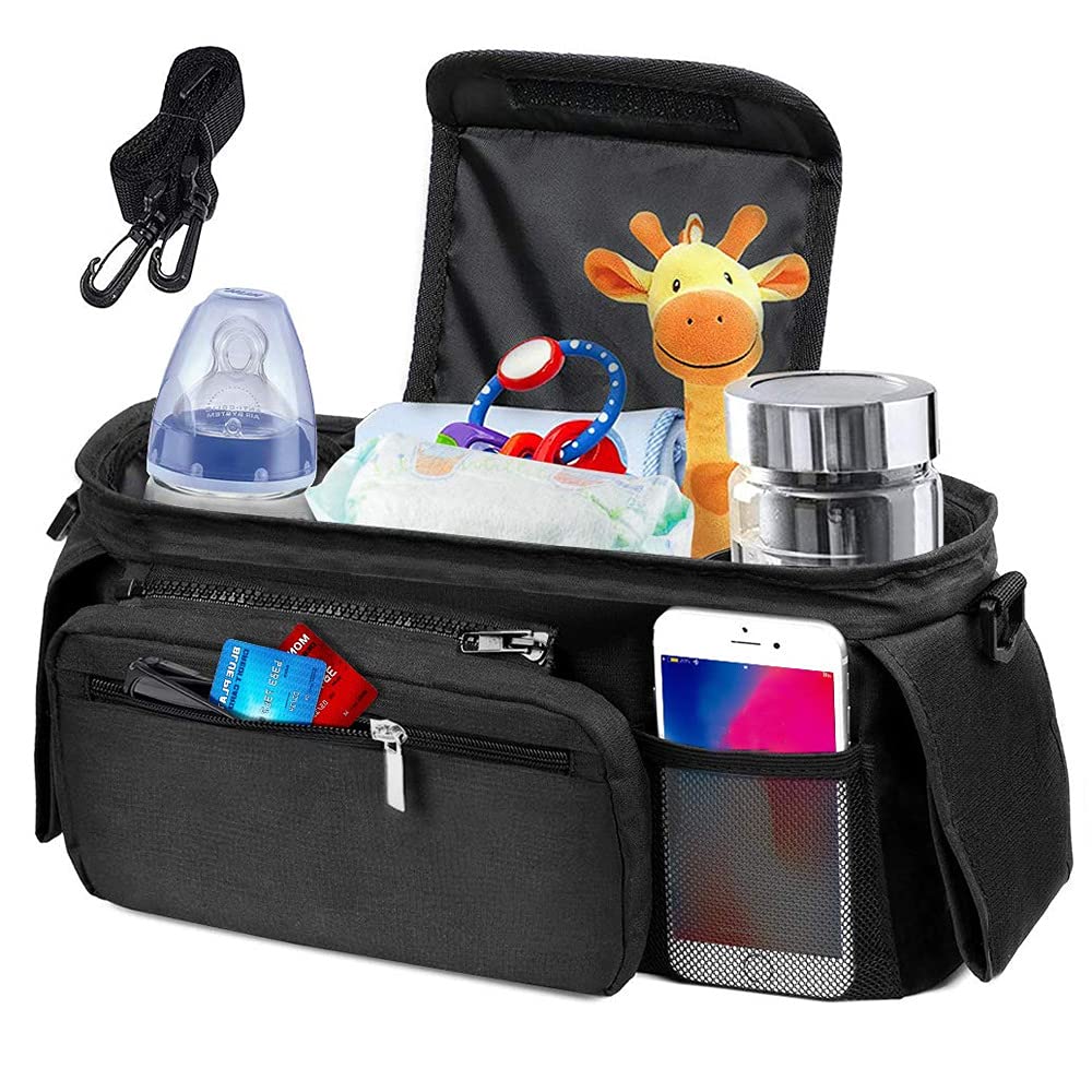 YEYUNTO STROLLER ORGANIZER with cup holders NON-SKID strap FITS ALL strollers, Compact Mirror, Storage for Phone, Wallet, Toys