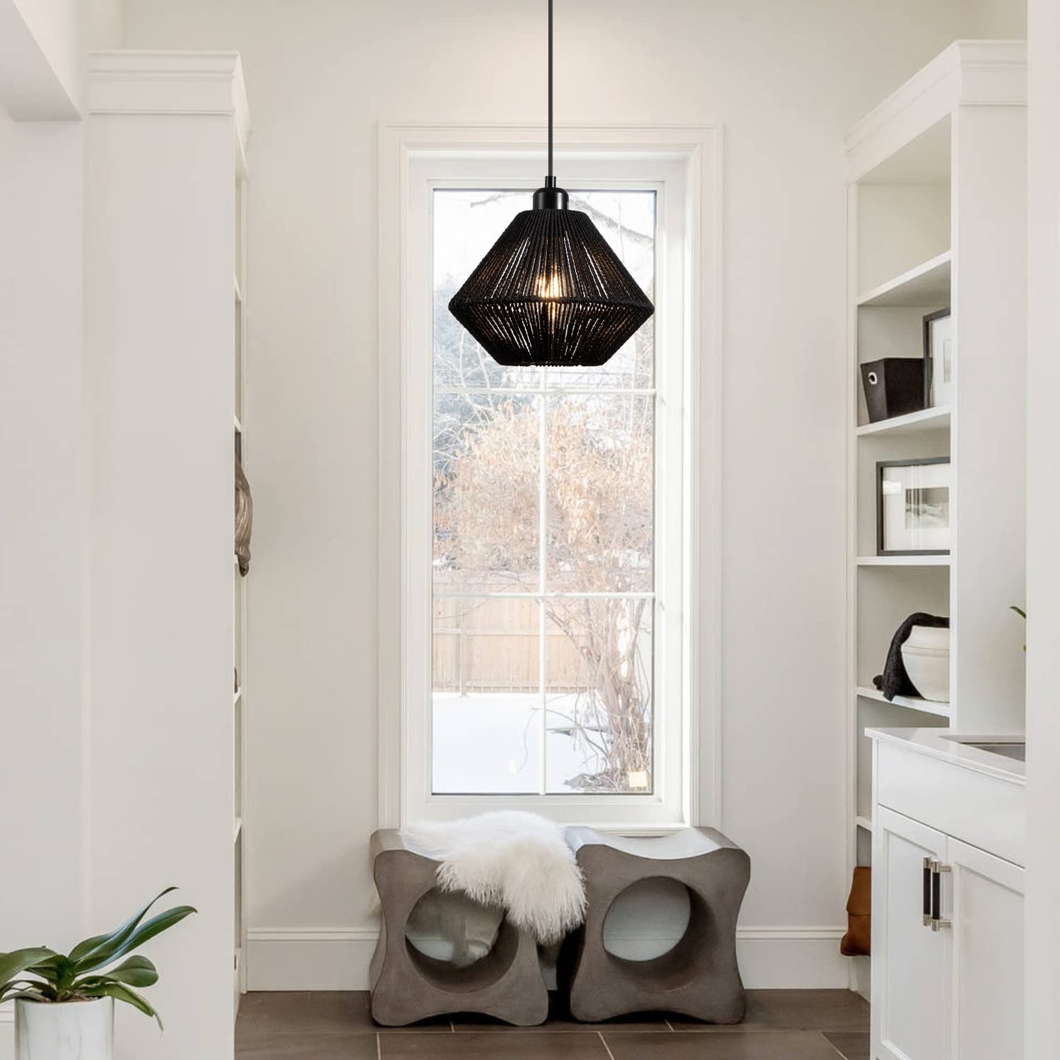 YongMing CL Black Woven Plug in Pendant Light Fixture, 9.65ββ Rustic Farmhouse Pendant Hanging Light with Plug in Cord & On/Off Switch for Kitchen Island Living Dining Room Bedroom Foyer