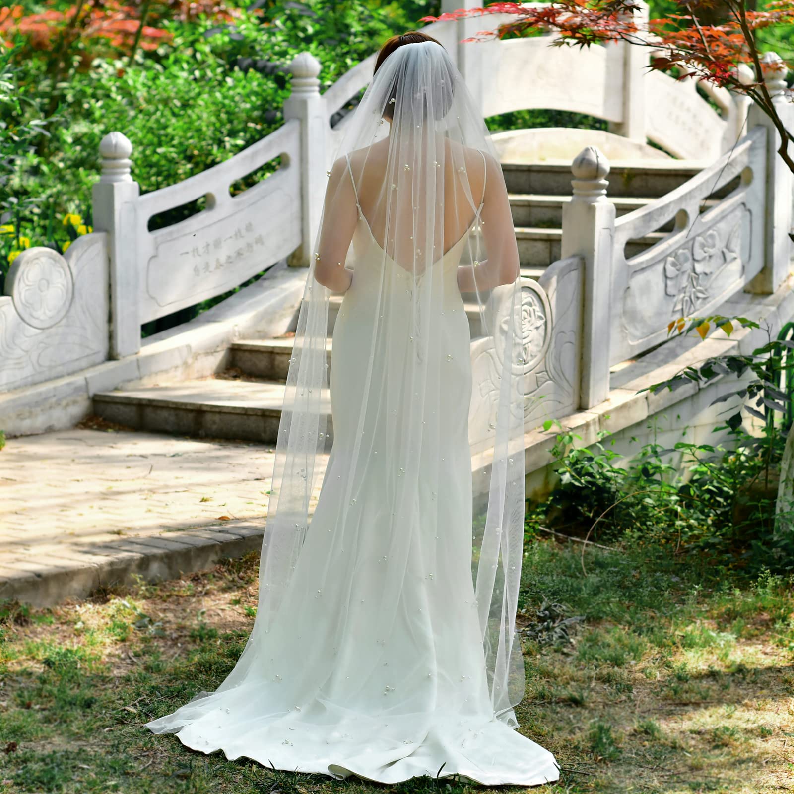 ULAPAN Women Pearl Wedding Veil Simple Chapel Bridal Veil for Wedding Party 2M Long (white)