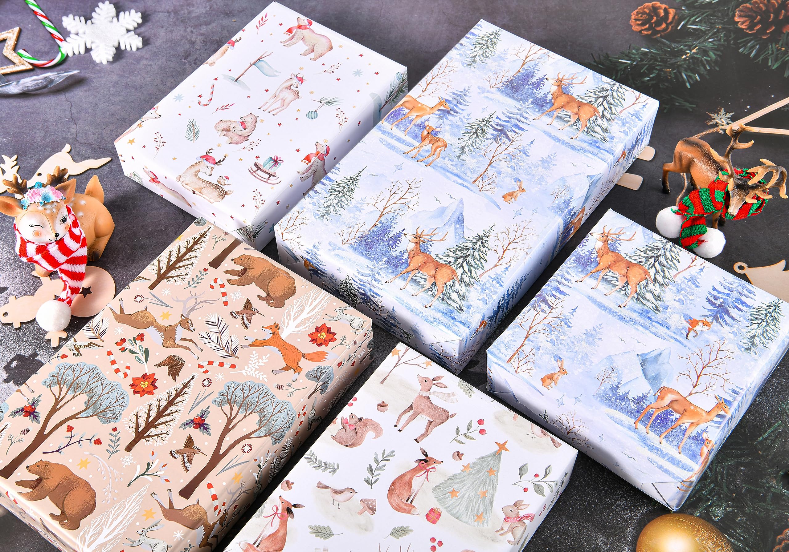 Titiweet Woodland Christmas Animal Gift Wrapping Paper - 12 Sheets with Bear, Deer, Rabbit, Fox, Squirrel and Reindeer, 20 x 28 Inches Per Sheet