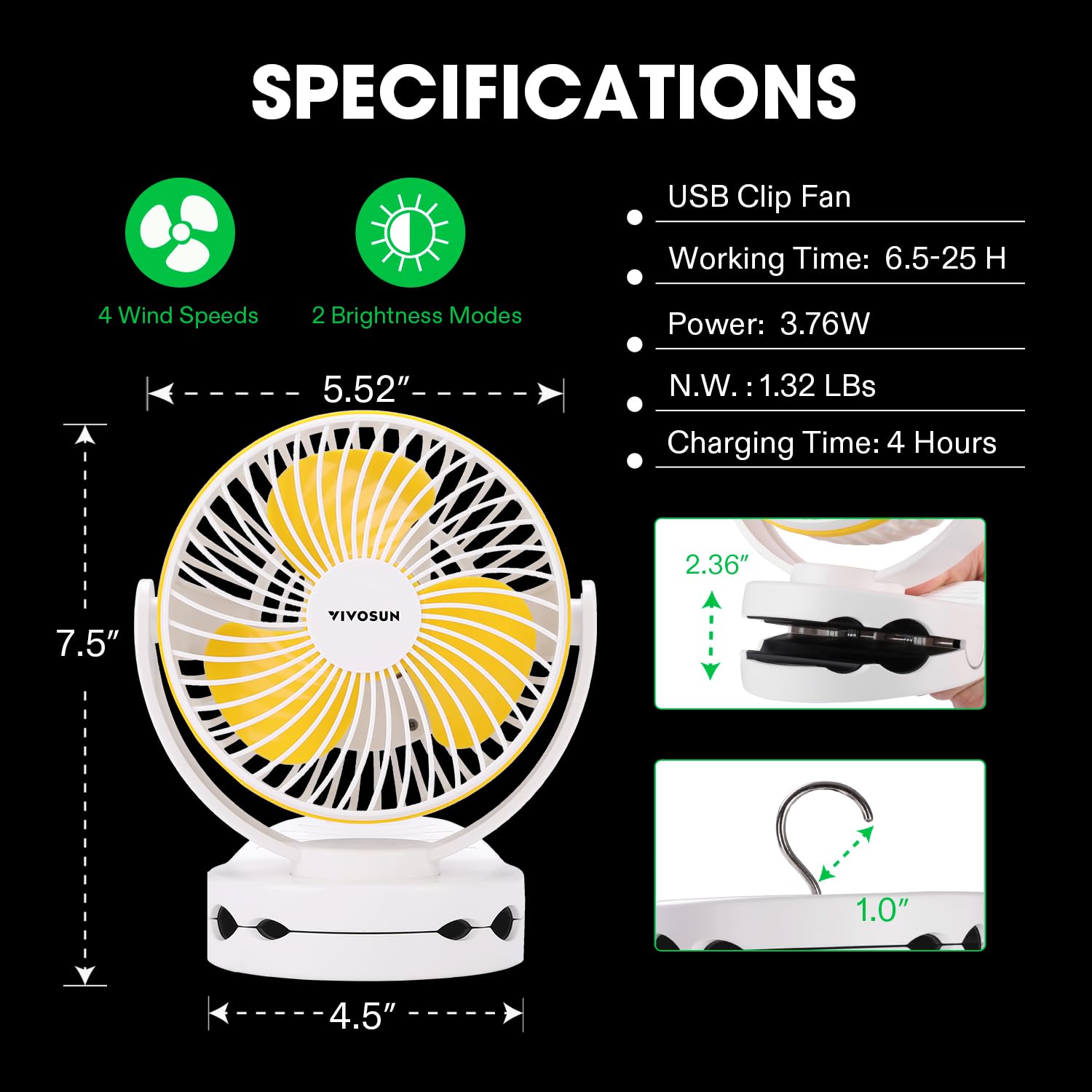 VIVOSUN USB Powered Clip on Fan, 4 Speeds & 2 Level Light Adjustable, 6 inch Desk Fan with Strong Airflow, Sturdy Clamp & Hanging Hook for Grow Tent Bedroom Dorm Office Gym Camp Stroller