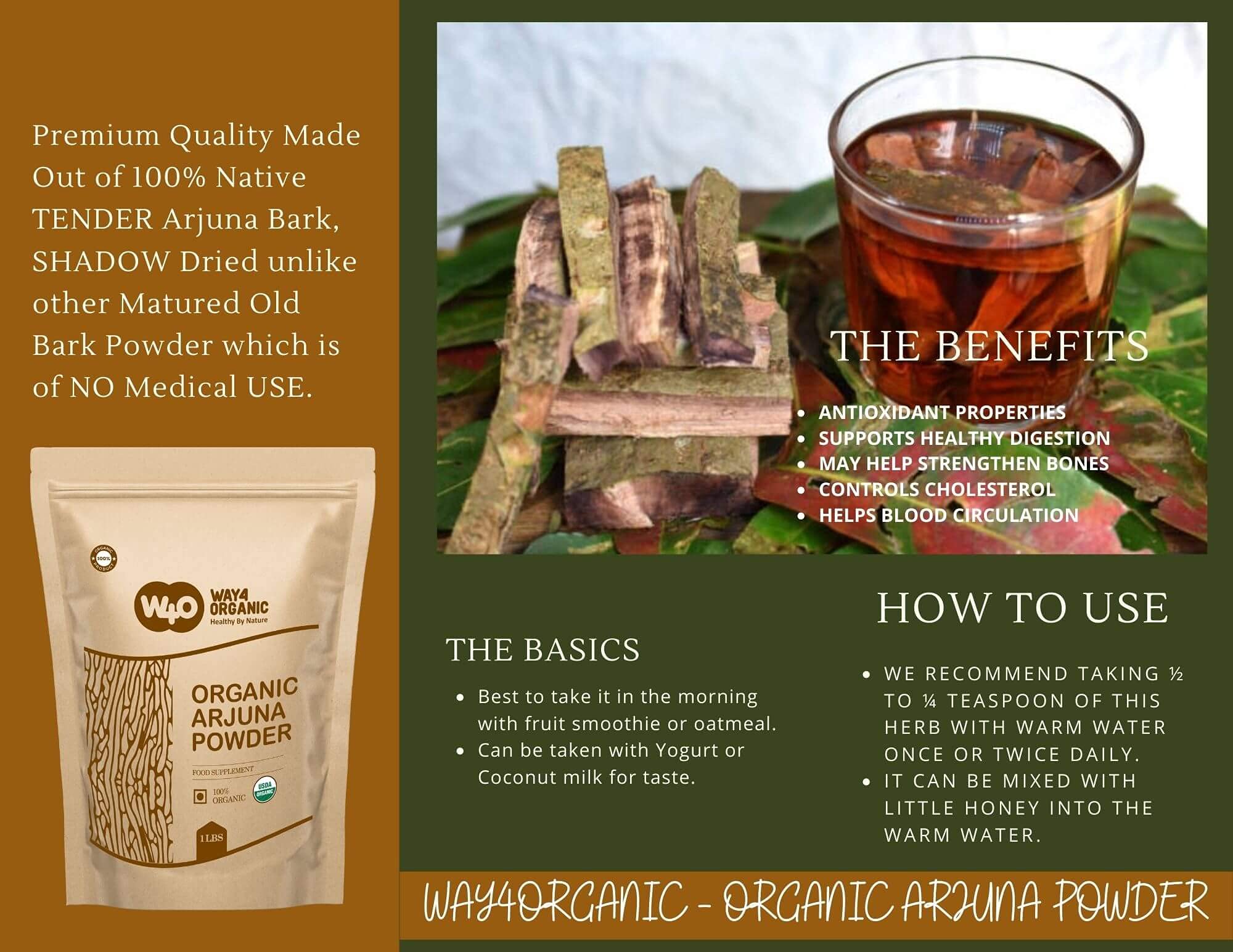 Way4Organic Organic Arjuna Bark Powder, 16 Ounces(1 Pound), Improves Healthy Muscle