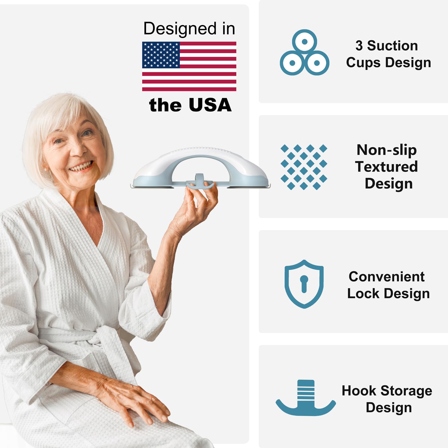 ππ©π π«ππππ 3 Suction Cup Grab Bars for Shower, ASLUCO Shower Handles for Elderly Suction, Shower Grab Bars for Seniors, Handicap Grab Bars for Bathroom Bath Bathtub Toilet - Light Blue