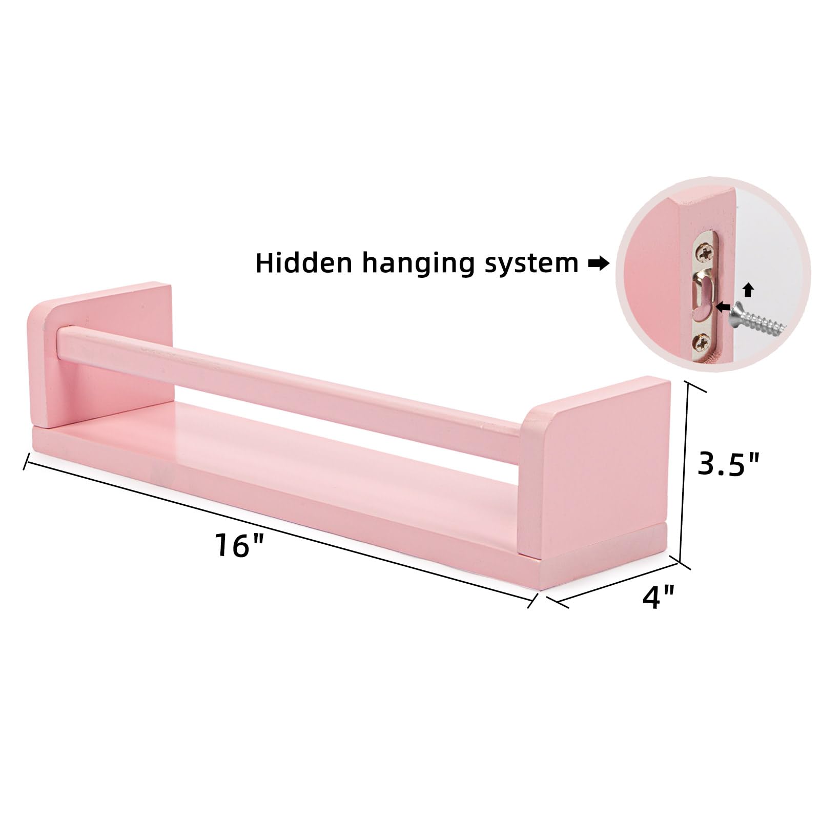 SAUMONIERES Nursery Book Shelves Solid Wood Floating Bookshelves for Wall Mounted Bookshelf for Kids Room, Pink, Set of 2