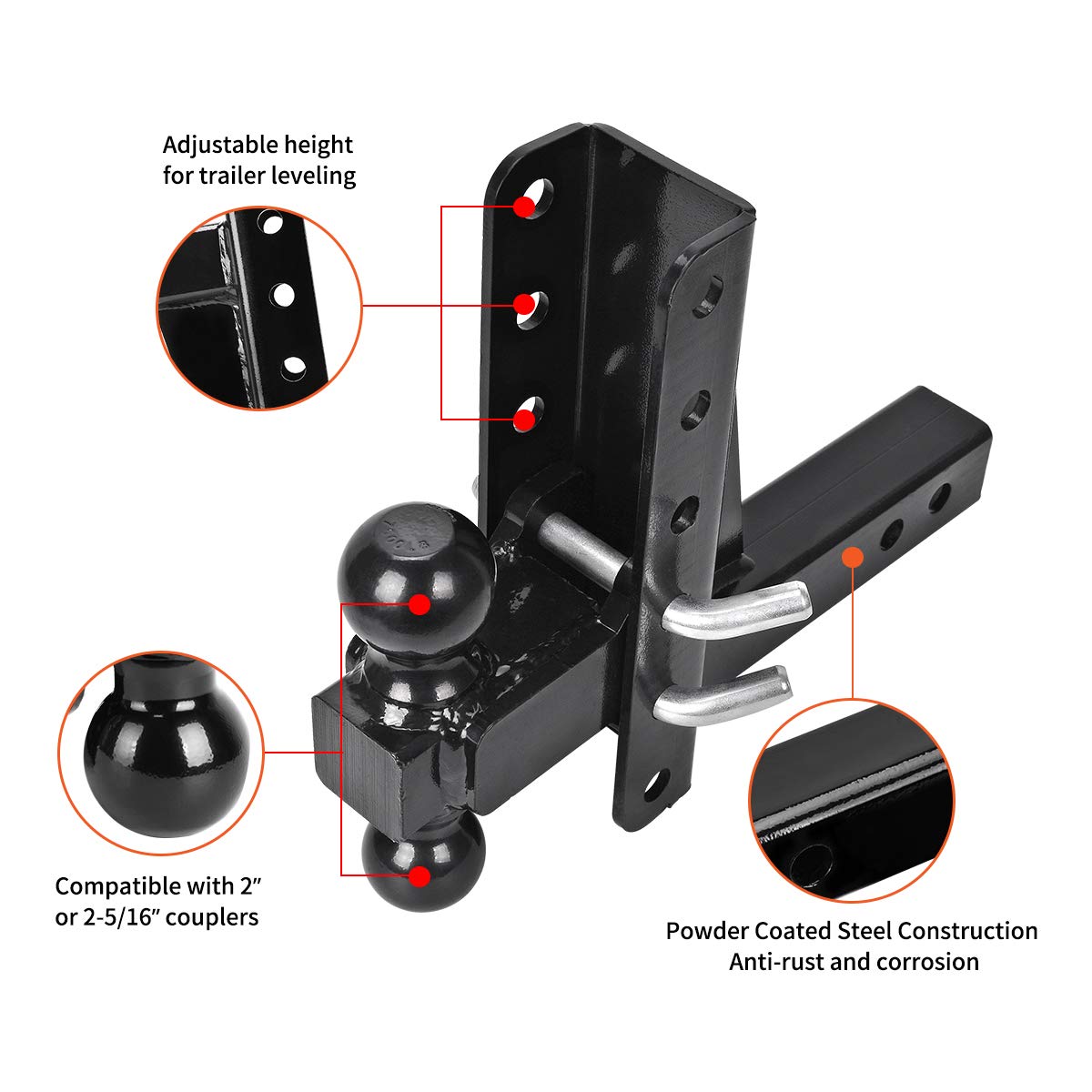YITAMOTOR Adjustable Trailer Hitch Ball Mount, Fits 2’’ Receiver, 8’’ Drop/Rise with 2’’ & 2 5/16’’ Dual Balls, 10,000 lbs Capacity (2’’ Shank, Black Powder Coated Steel)