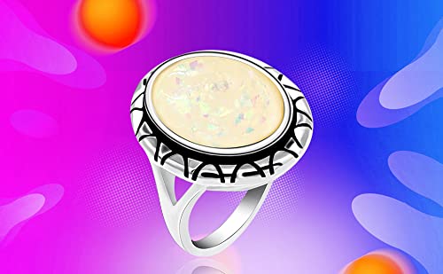 Uloveido Oval Cut Simulated White Fire Opal Split Shank Rings Halo Solitaire Wedding Birthstone Jewelry Women RA0309 (White, Size 10)