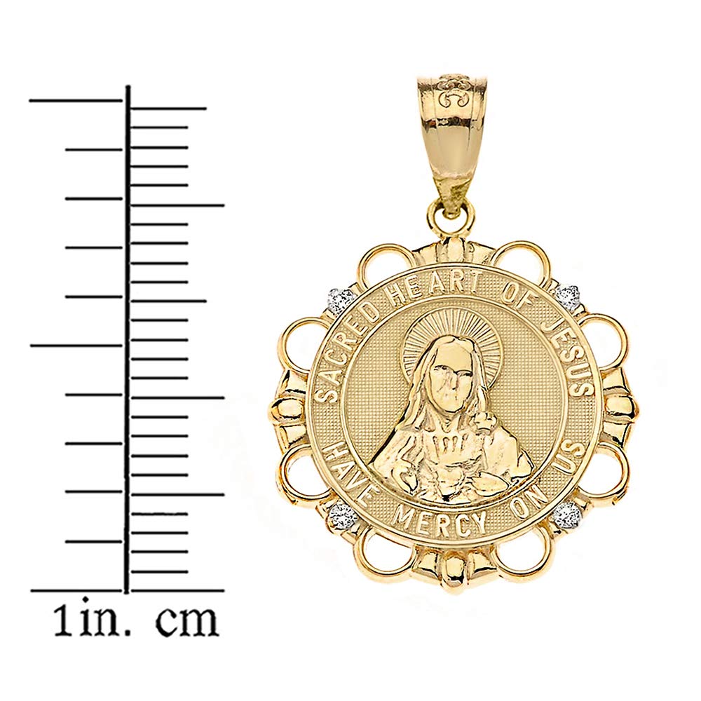 Solid 14k Gold Sacred Heart Of Jesus Diamond Religious Medal Pendant