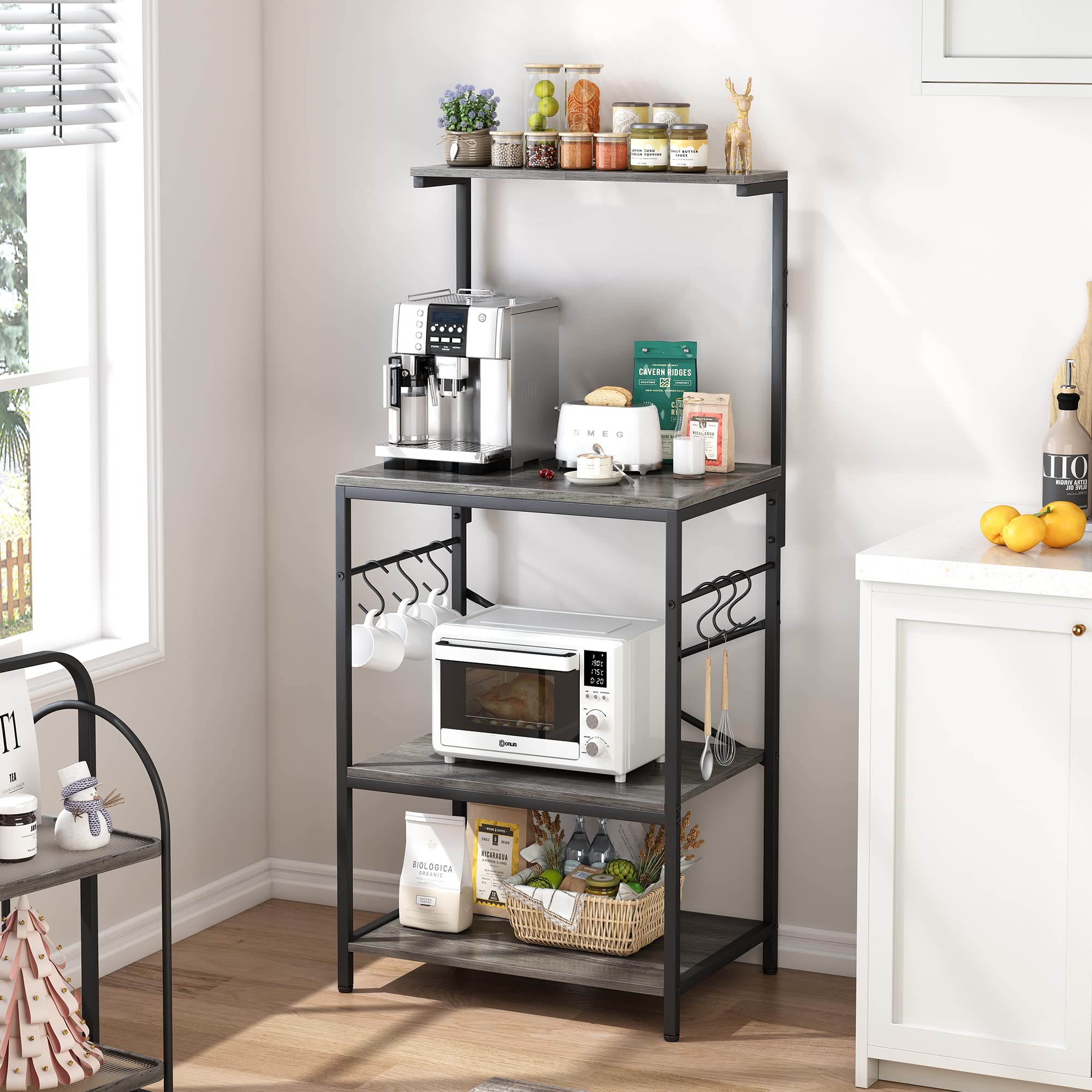 SUPERJARE Kitchen Bakers Rack, 4-Tier Coffee Bar Table, Kitchen Microwave Stand with 6 S-Shaped Hooks, Kitchen Storage Shelf Rack for Spices, Pots and Pans - Rustic Brown