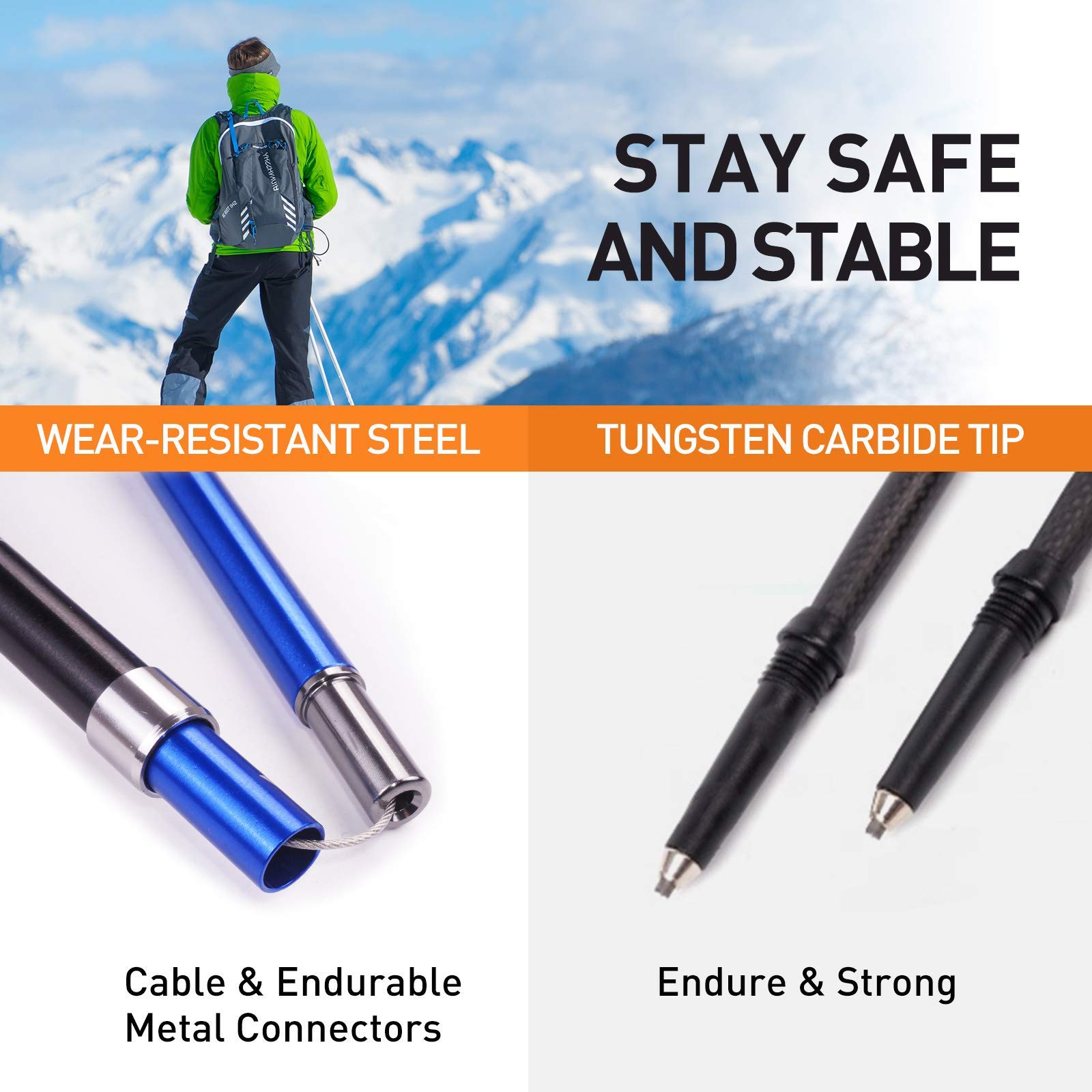 Trekking Poles - 1-pc Pack Adjustable Hiking or Walking Sticks - Strong, Aluminum 7075, Lightweight Collapsible with Quick Lock for Hiking, Trekking, Camping, Mountaining, Backpacking