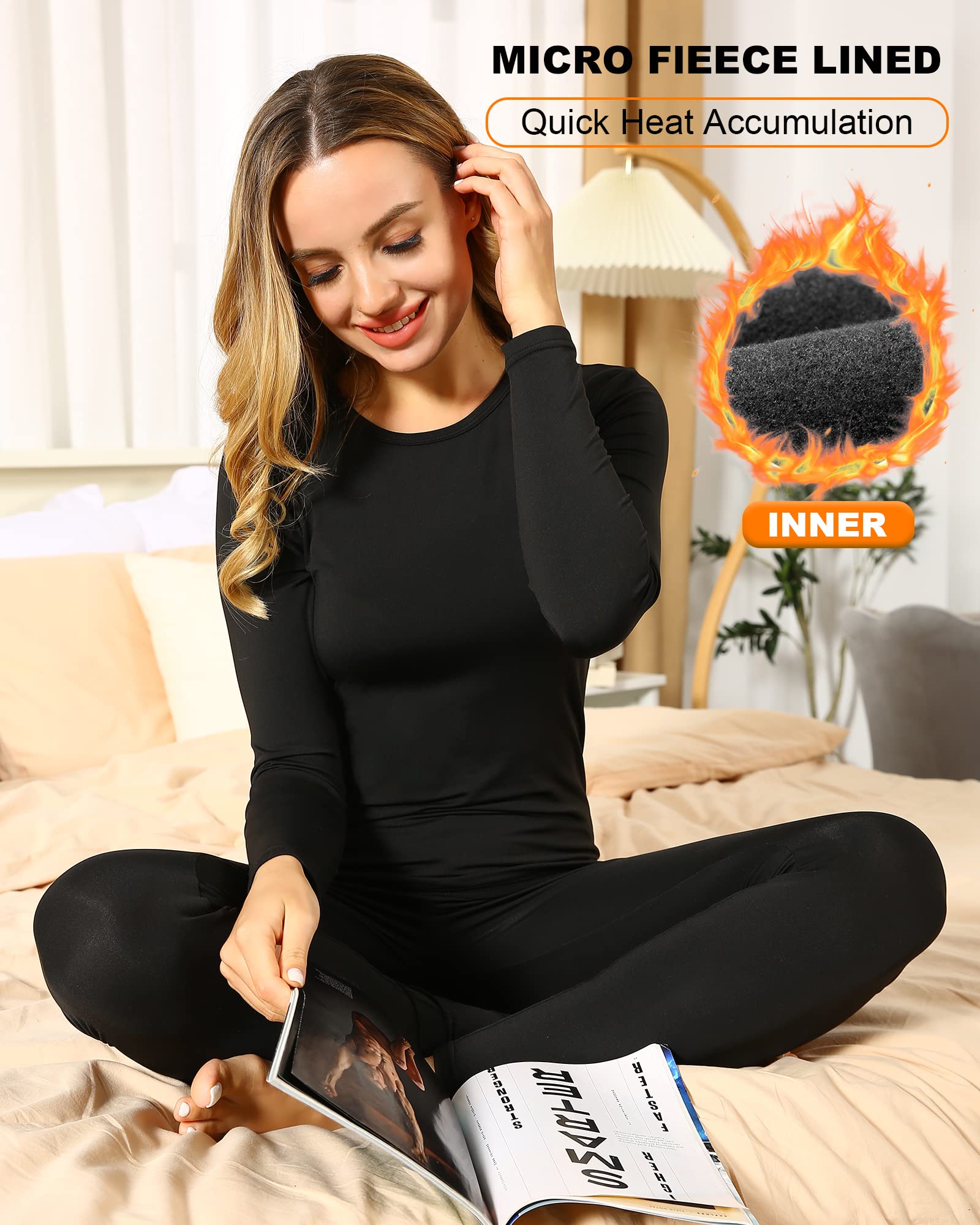 ViCherub Womens Thermal Underwear Set Long Johns Base Layer Fleece Lined Cold Weather Soft Top Bottom Black 2XL