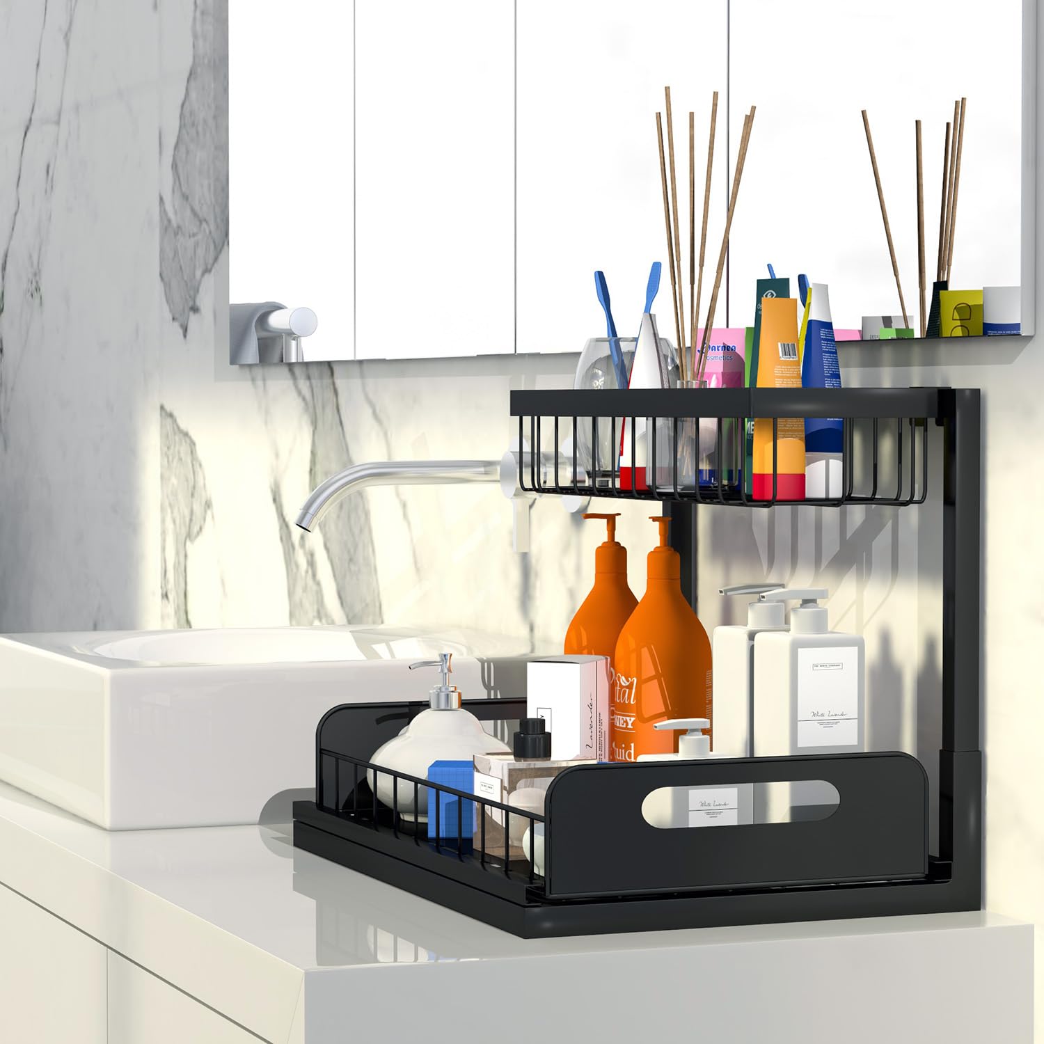 waoory Under Sink Organizer,2 Tier Pull Out L-Shape Cabinet Organizer Sink Shelf Cabinet Storage Shelves Multi-Purpose Sink Organizer for Bathroom Kitchen Drawer,Sturdy Metal,Black