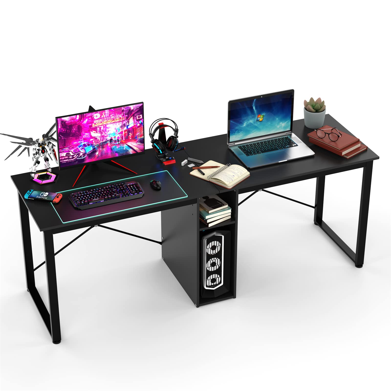 SogesGame Two Person Desk, 78 inches Double Computer Desk Extra Large Size Workstation Writing Table with Storage Shelves Home Office Desk Home Office,Writing Desk and Computer Desk,Black