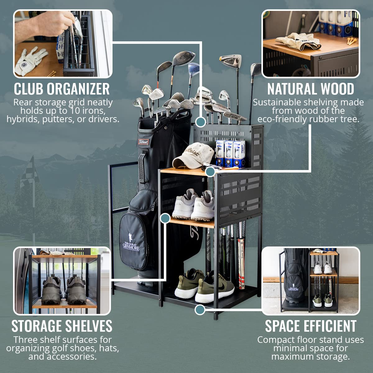 Teal Triangle Freestanding Golf Club Organizer, Stylish Heavy Duty Garage Storage Floor Stand, Holds 1 Golf Bag Shoes Clubs Balls and More