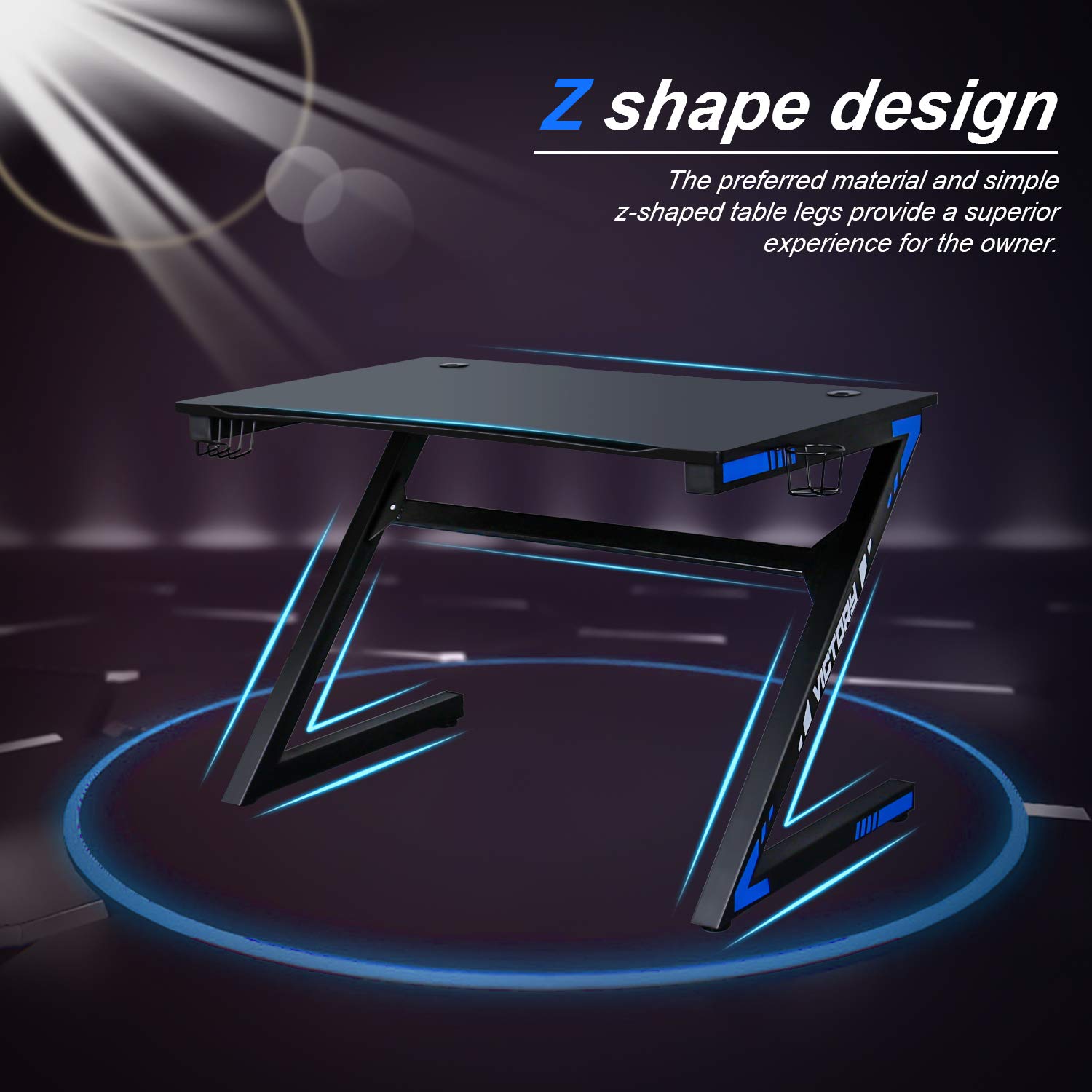 YIGOBUY Computer Gaming Desk with Large Carbon Fiber Surface Cup Holder & Headphone Hook for Home or Office, Gaming PC Desk Table(Black and Blue)