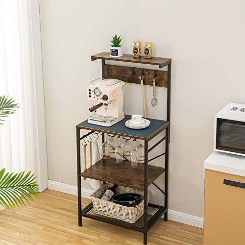 SUNTAGE Kitchen Baker's Rack, Microwave Stand with Storage Cabinet, Coffee Bar Station, Kitchen Shelf Organizer with 4-Tier Shelves, Wine Cup Holders, Kitchen Rack Rustic Brown