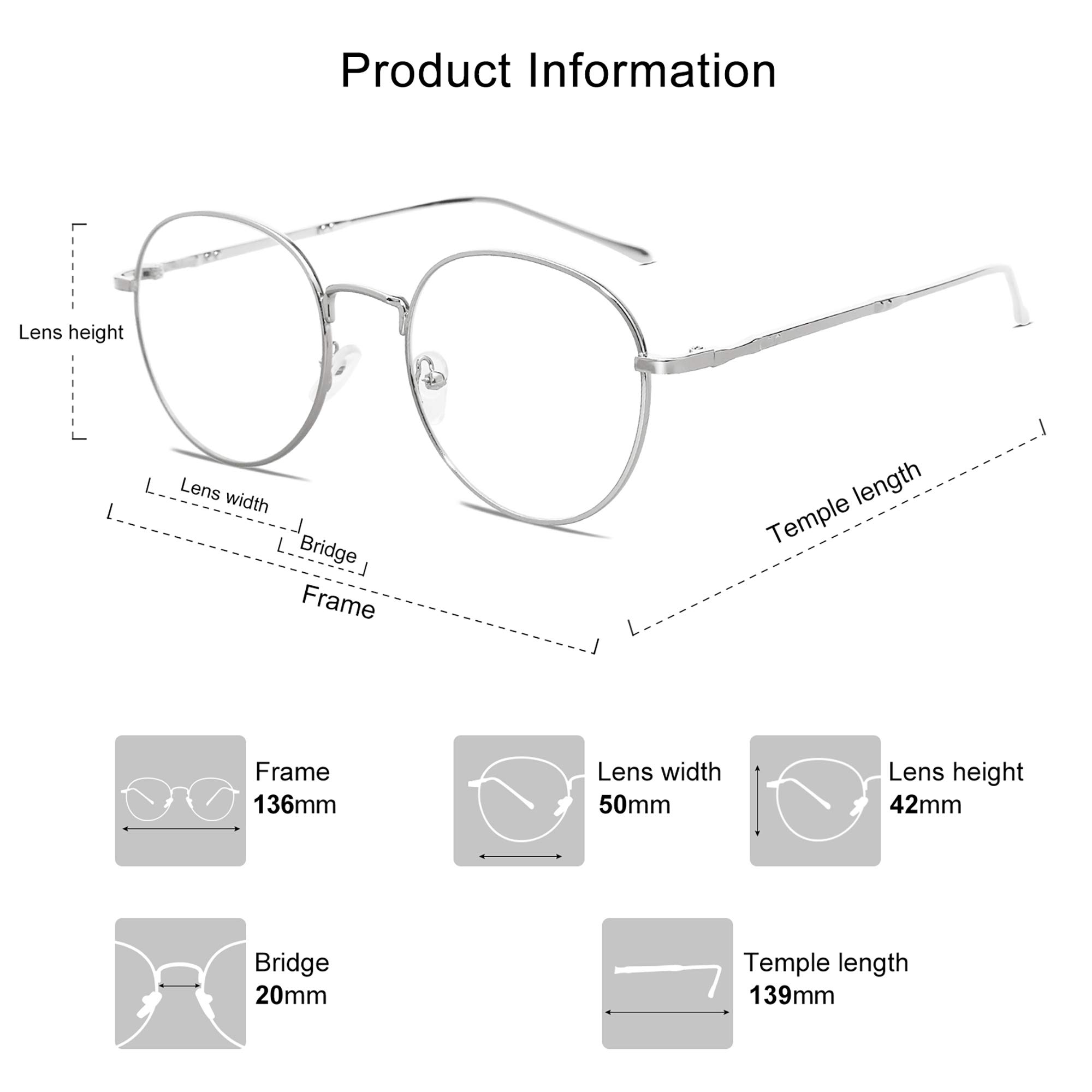 SOJOS Retro Round Anti Blue Ray Light Blocking Computer Game Glasses Eyeglasses GLORY SJ5039 with Silver Frame/Anti-Blue Light Lens