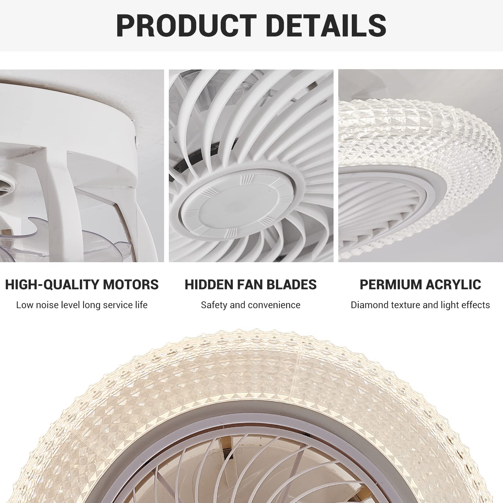 stambord Ceiling Fans with Lights Remote Control, 18”LED Ceiling Fan Modern Low Profile Ceiling Fan with Dimmable 3 Colors 6 Speeds, Enclosed Flush Mount Ceiling Fan for Bedroom, Kitchen(White)