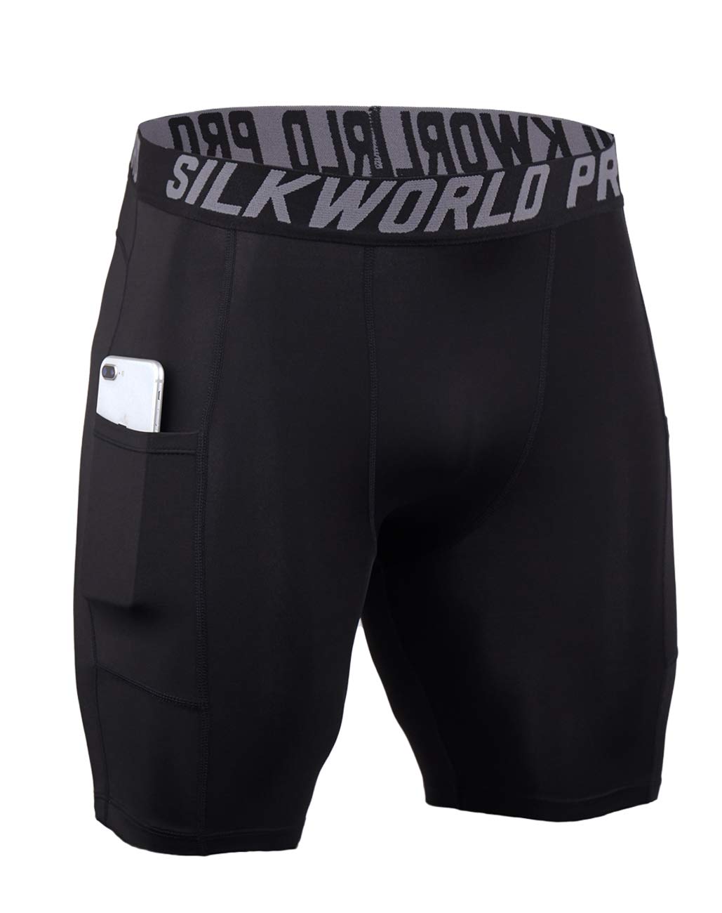 SILKWORLD Men's Compression Shorts Pockets Sports Running Tight (X-Large, Black/(Pack of 1))