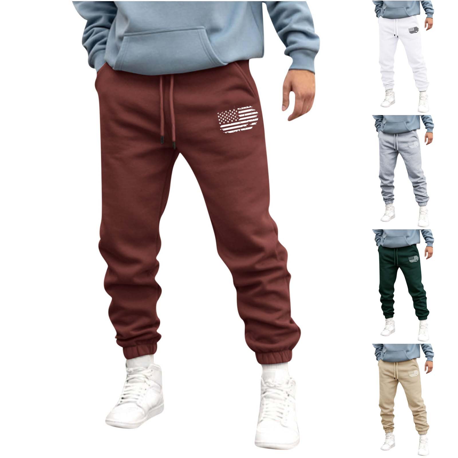 TIANEK Cheap Stuff Under 1 Dollar Cargo Pants for Men Fleece Joggers Sports Sweatpants Casual Drawstring Athletic American Flag Printed Workout Trousers Red