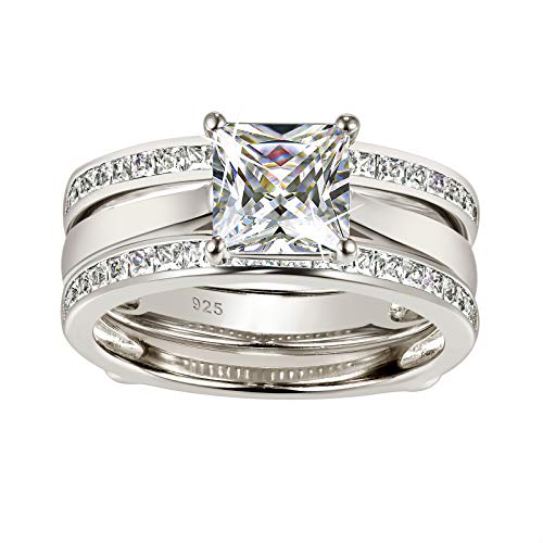Wuziwen Princess Bridal Ring Set for Women Wedding Band Guard Enhancers CZ Sterling Silver Size 7