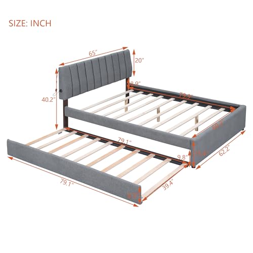 WOXYX Queen Size Upholstered Platform Bed with Teddy Fleece Headboard and Trundle,Grey