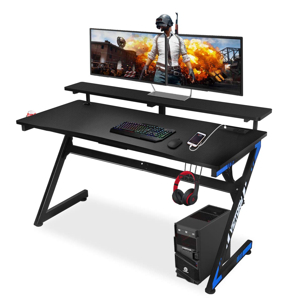 YIGOBUY Large Gaming Desk 55 Inch Computer Gaming Desk E-Sports Racing Table with with Cup Holder, Headphone Hook for Home Office, Black