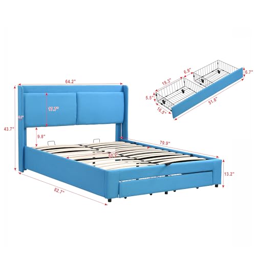 WOXYX Queen Size Platform Bed,Storage Upholstered Hydraulic Beds Frame with 2 Drawers,Blue