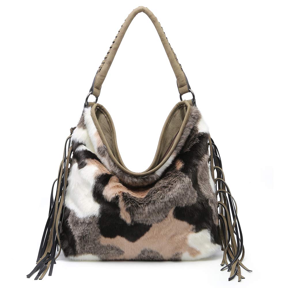 SHOMICO Fur Hobo Bag Fringe Purse for Women Boho shoulder Big (Fur Camouflage)