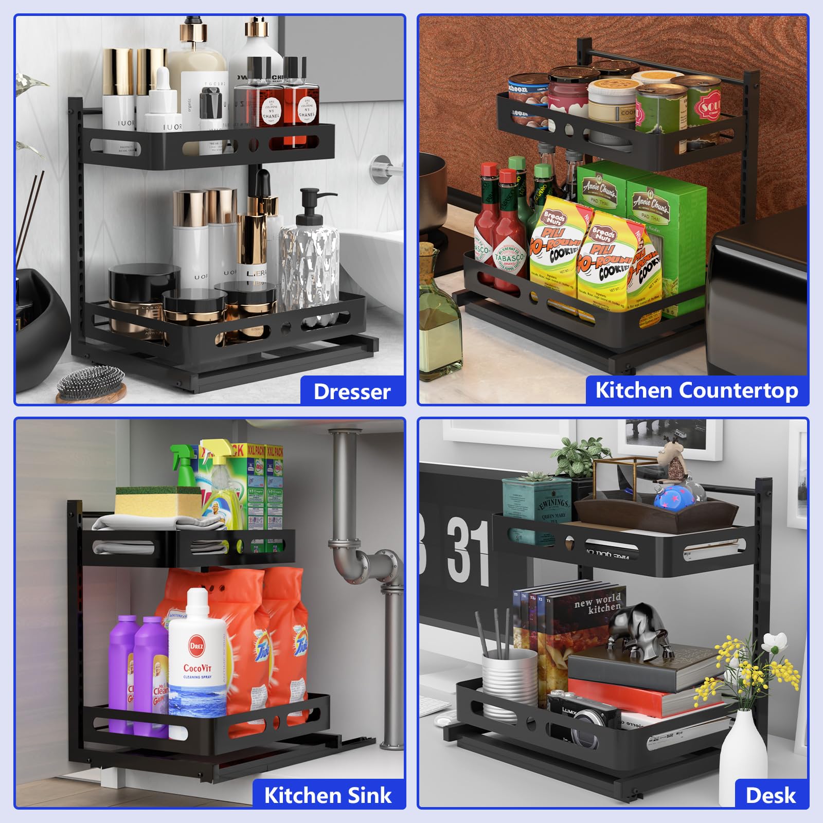 WASUMI Under Sink Organizers, Metal Sliding Cabinet Basket and Storage Organizer 2 Tier Pull Out Cabinet Organizer for Kitchen Bathroom, Large Capacity, Black