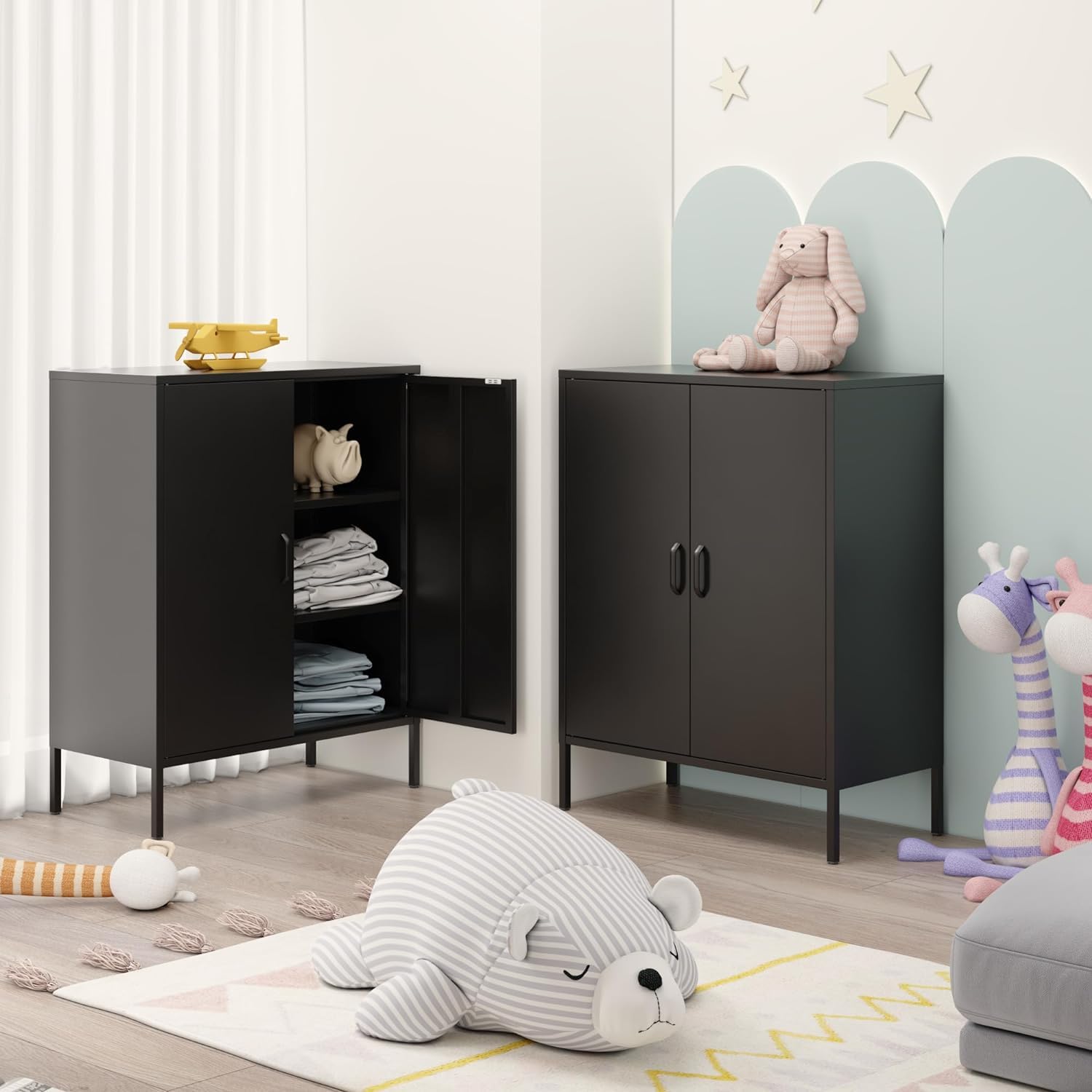 Ustamio Storage Cabinet - Modern Accent Buffet Cabinet with Half Mesh Doors and Adjustable Shelves, Large Capacity Metal Sideboard Storage Cabinet for Living Room, Kitchen, Entryway (White)