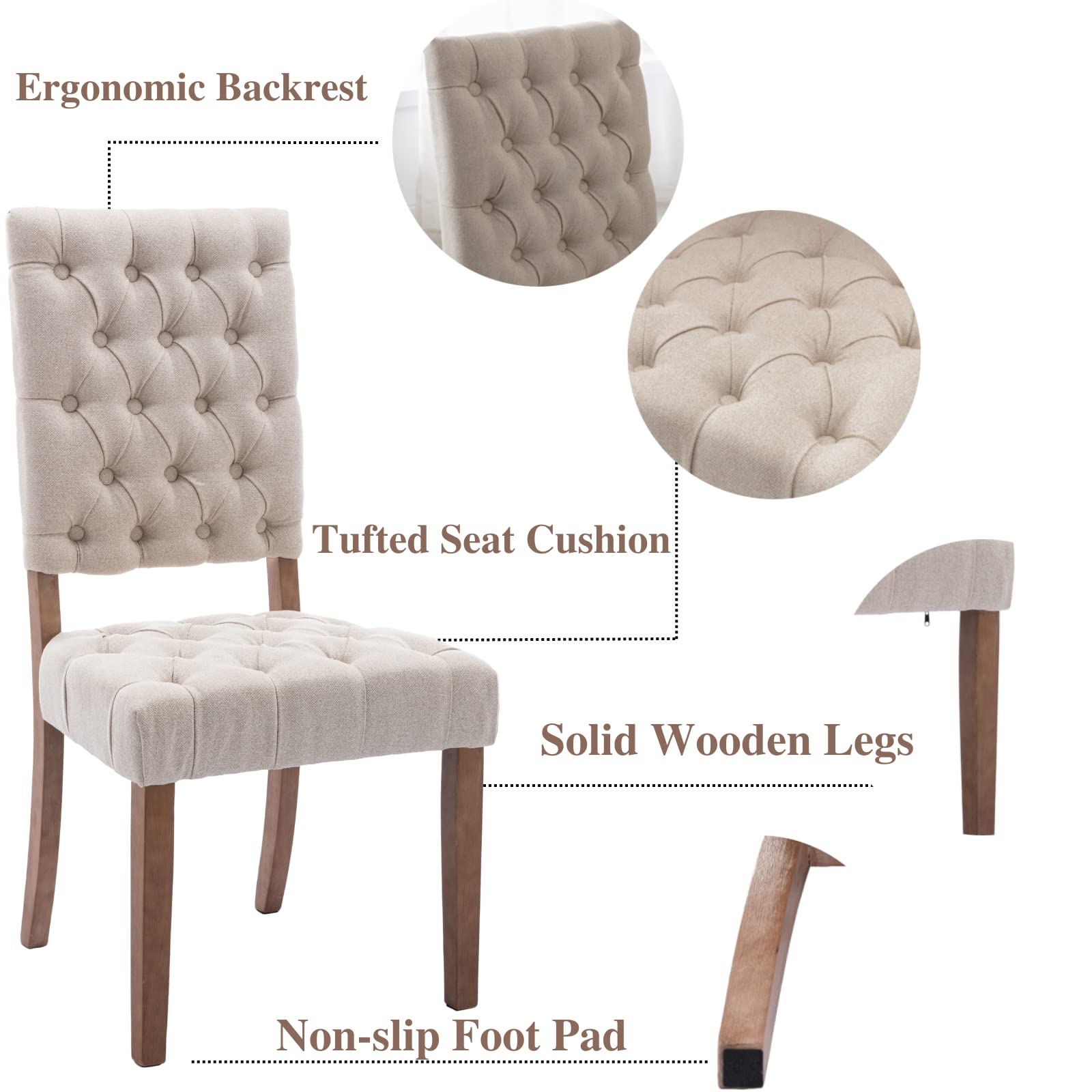 Ya-Home Modern Dining Chairs Set of 4, Linen Comfy Tufted Side Chairs with Wooden Legs, Upholstered Armless Dining Room Chairs with High Back for Living Room Kitchen, Beige