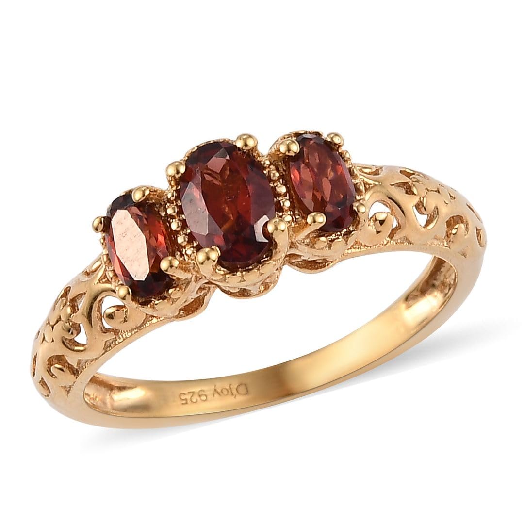 Shop LC 3 Stone Garnet 925 Sterling Silver Rings for Women 14K Yellow Gold Plated Openwork Vintage Jewelry Engagement Gifts Size 7 Birthday Gifts for Women