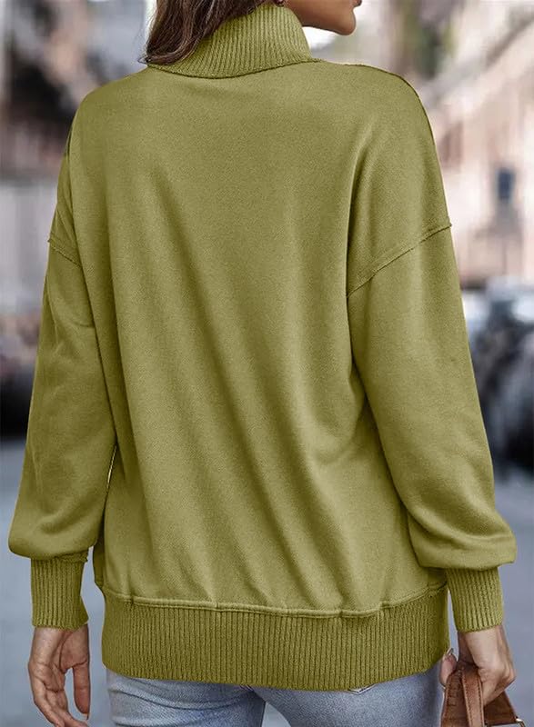 SHEWIN Sweatshirt For Women Loose Fit Casual Button V Neck Solid Lightweight Pullover Sweatshirts Long Sleeve Fall Tops with Pocket,US 8-10(M),Pickle Green