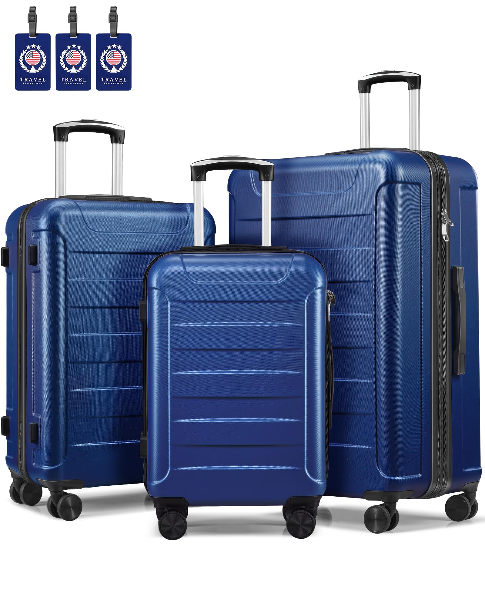 SunnyTour Luggage Sets 3 Pieces with Spinner Wheels Hardside Suitcase Set for Travel Business, Dark Blue