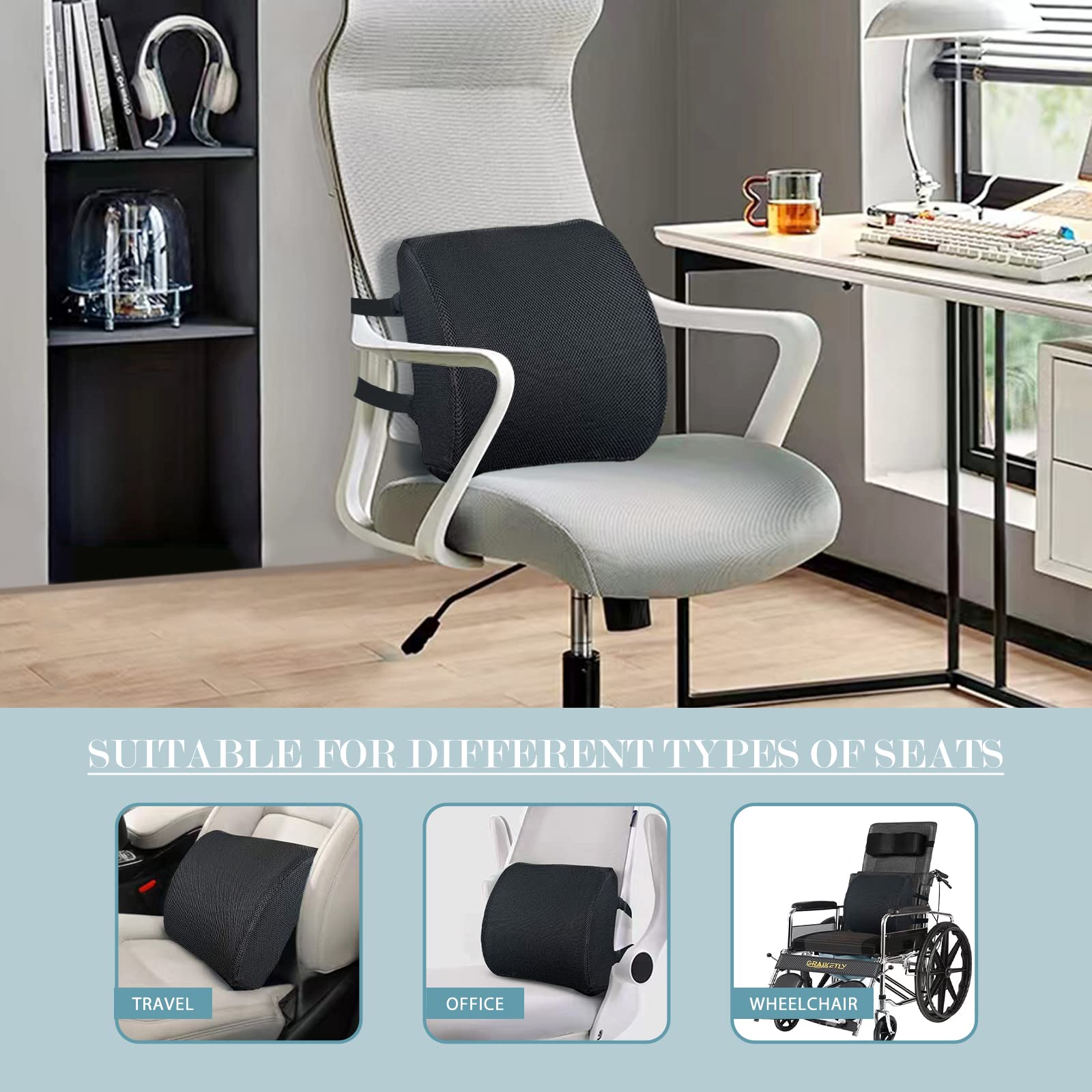 Super Comfy Lumbar Support Pillow for Office Chair and Car Seat, Removable Mesh Cover & Double Adjustable Straps, Ergonomic Memory Foam - Back Pillow for Back Pain Relief/Improving Sitting Posture