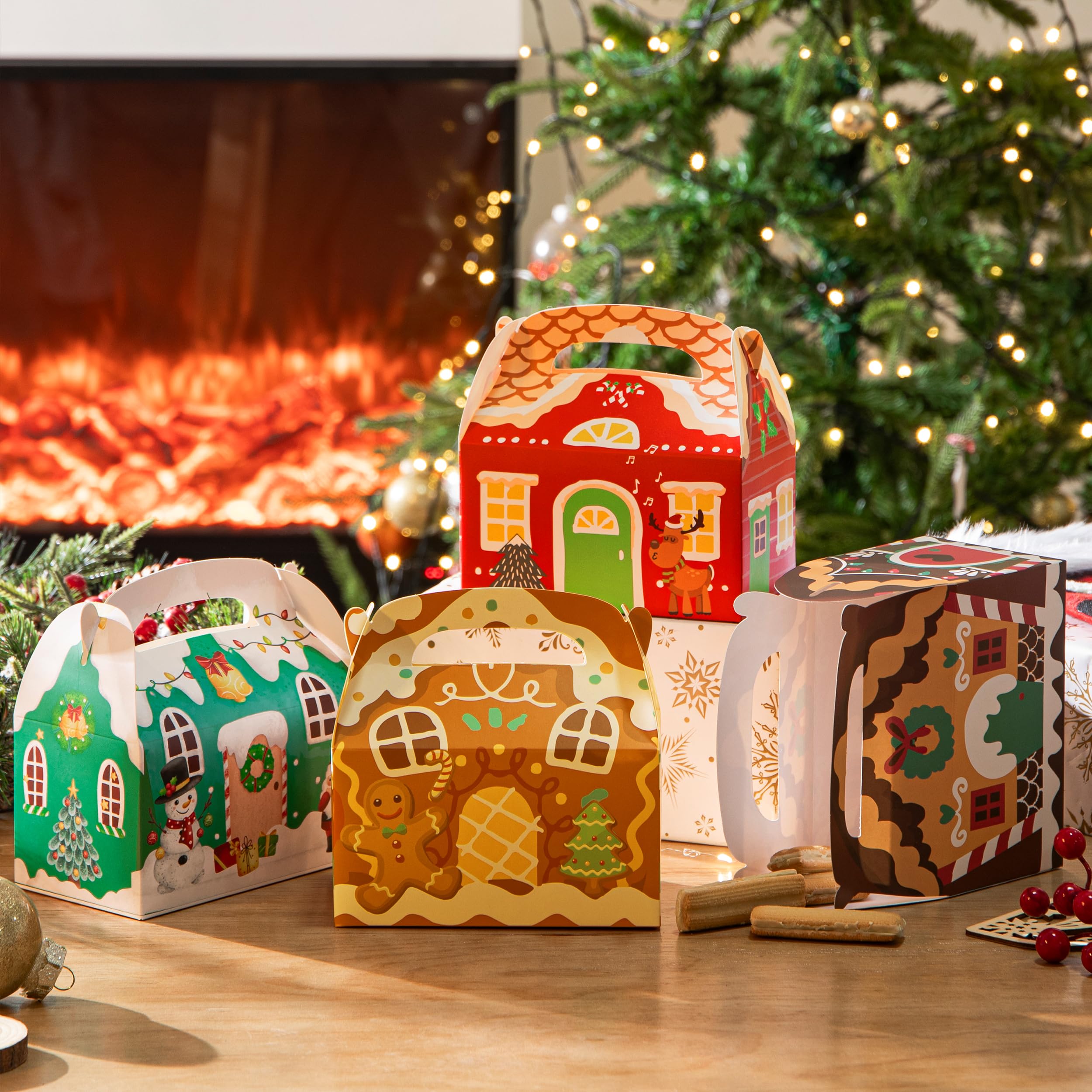 Sunolga 24 Pieces 3D Christmas Cardboard Treat Gift Boxes for Holiday with 4 Patterns Xmas Goody Gift Christmas House Cardboard Gifts Boxes Crafting and Cookie Boxes