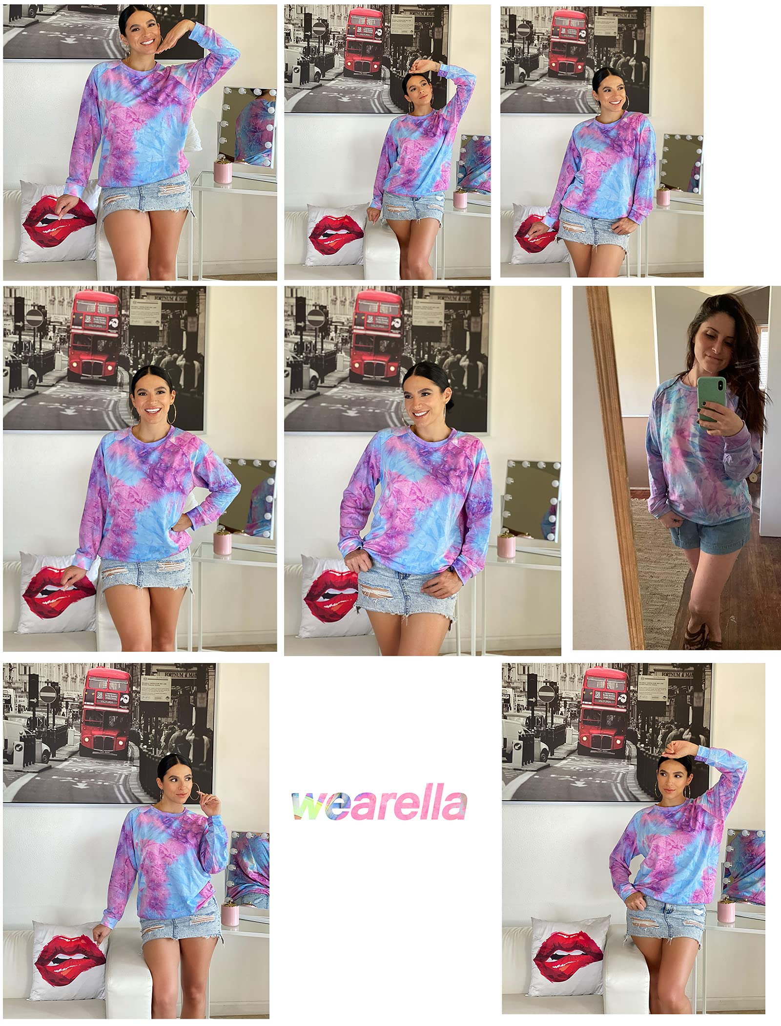 wearella Women's Tie Dye Printed Long Sleeve Sweatshirt Round Neck Casual Loose Pullover Tops Shirts