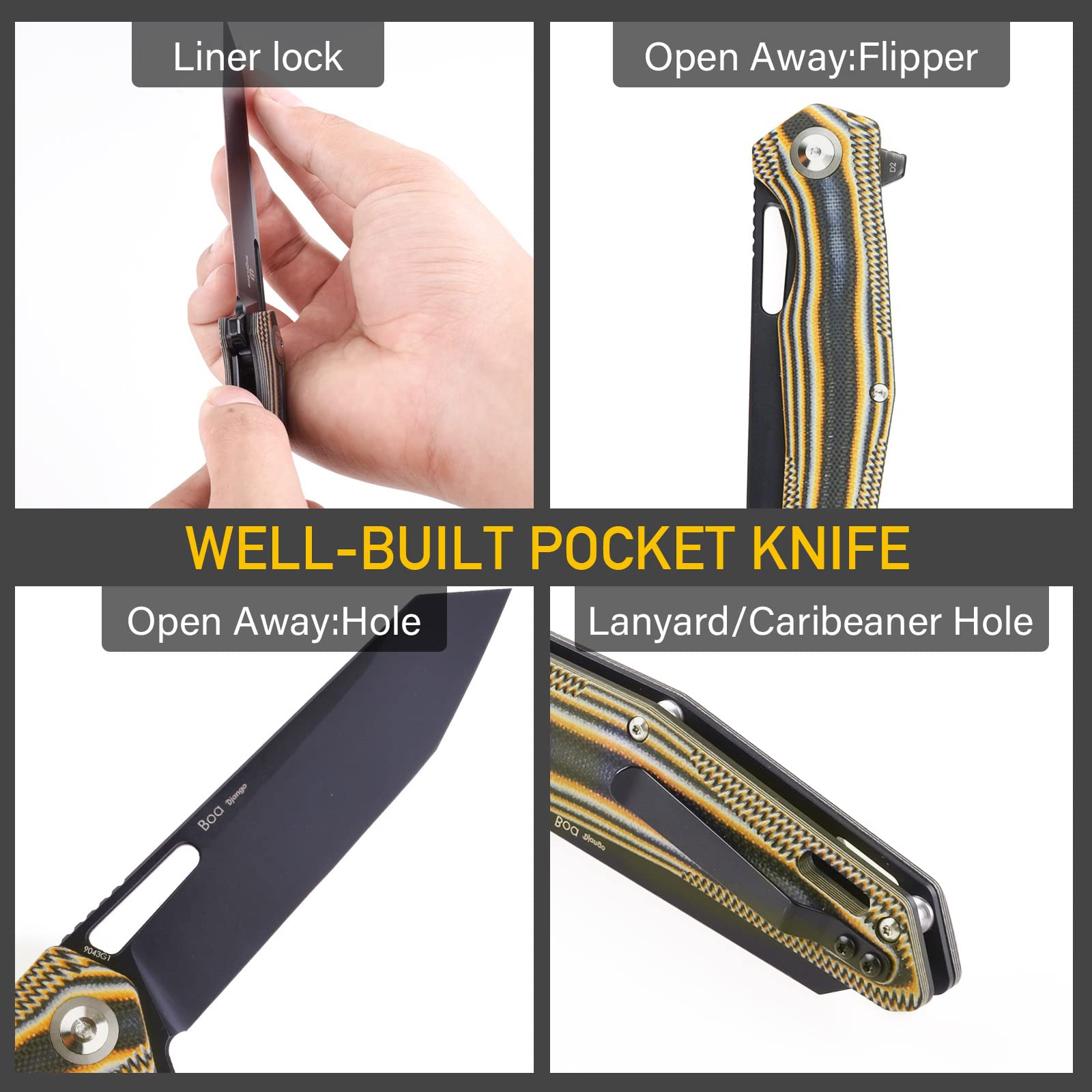SHIELDON Boa Pocket Knife, 3.82" D2 Plain Blade with G10 Handle Folding Knife, Thumb Hole and Flipper Opener,Unique Tool Gift for Everyday Carry