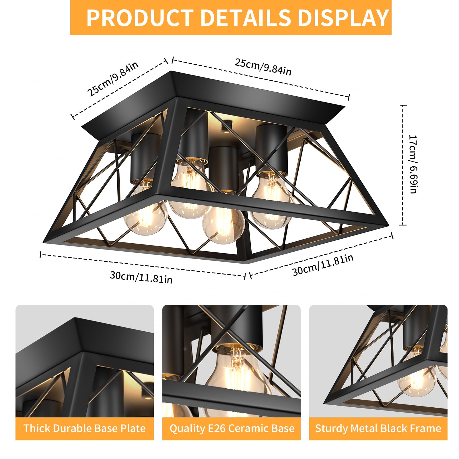 Umtozz 4-Light Kitchen Light Fixtures Ceiling Mount, Farmhouse Black Flush Mount Ceiling Light, Industrial Square Ceiling Light Fixture for Dining Room Living Room Bedroom