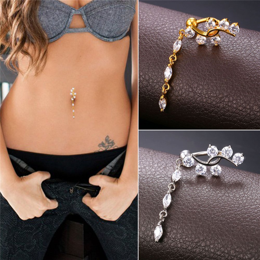 U7 Belly Rings Platinum Plated Cubic Zirconia Leaf Dangle Navel Rings for Women Beach Wear