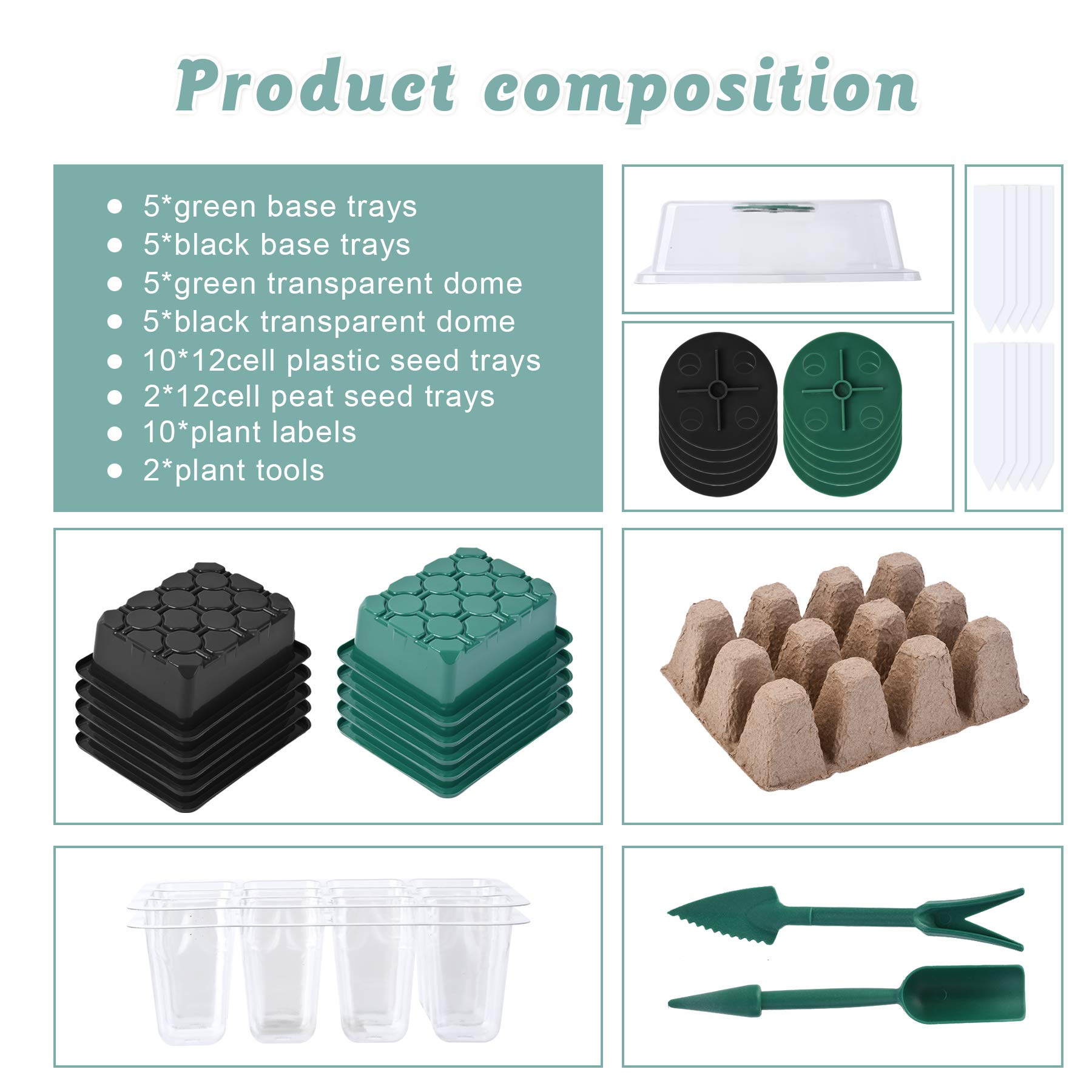 XJOYOTU 10 Packs Seed Starter Tray, Humidity Adjustable Germination Kit with Dome for Seeds Growing Starting, 120 Cells Seedling Starter Trays(5 Pack Black,5 Pack Green)
