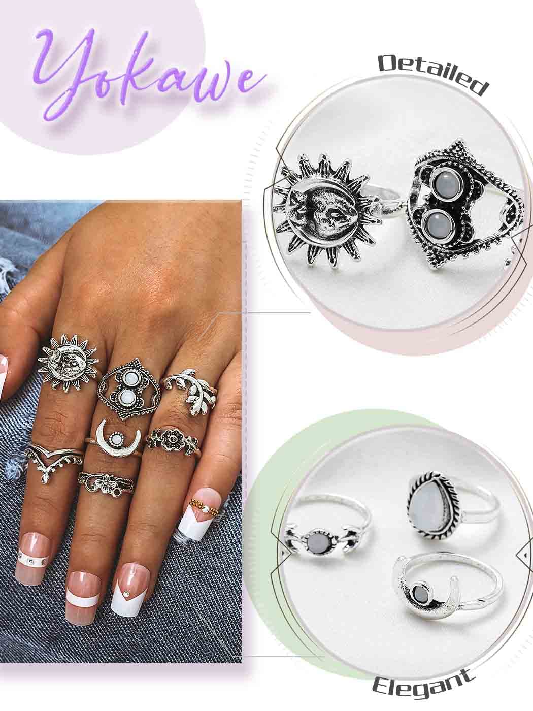 Yokawe Vintage Crystal Rings Set Silver Boho Rhinestone Finger Rings Star Moon Knuckle Ring Gem Joint Ring Stacking Midi Rings Jewelry for Women(14 PCS)