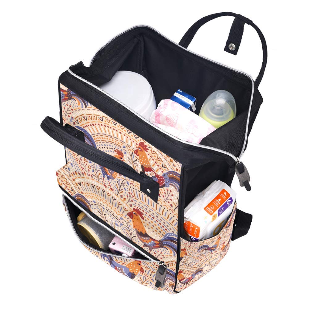 Shiiny Cute Roosters Chickens in Beige Floral Ornament Diaper Bag Backpack for Baby Care, Multi Function Waterproof and Cooler Tote Travel Backpack (Nappy Bag, Tissue Pocket)