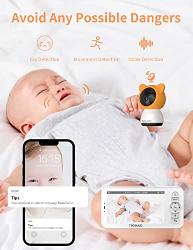 TECGUUD Video Baby Monitor with Camera and Audio, 5" Display, 2.4GH WiFi 1080P Camera, NightVision, Motion and Sound Notifications, Humidity, Room Temp,2-Way Talk, Support Phone App Control
