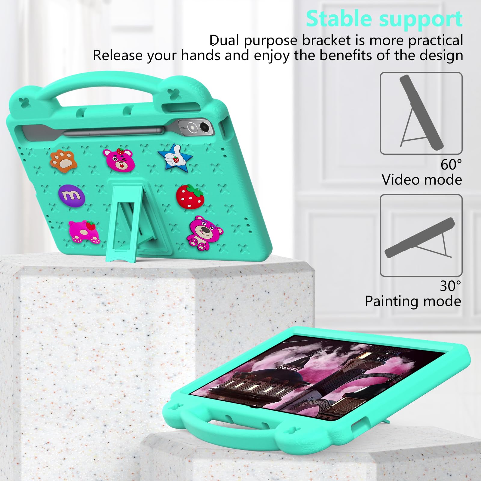 YRH for Lenovo Tab P12 12.7 inch Case 2023 (TB370FU), Kids EVA Stand Handle Protective Cover for Lenovo P12 Tablet Case, Rose