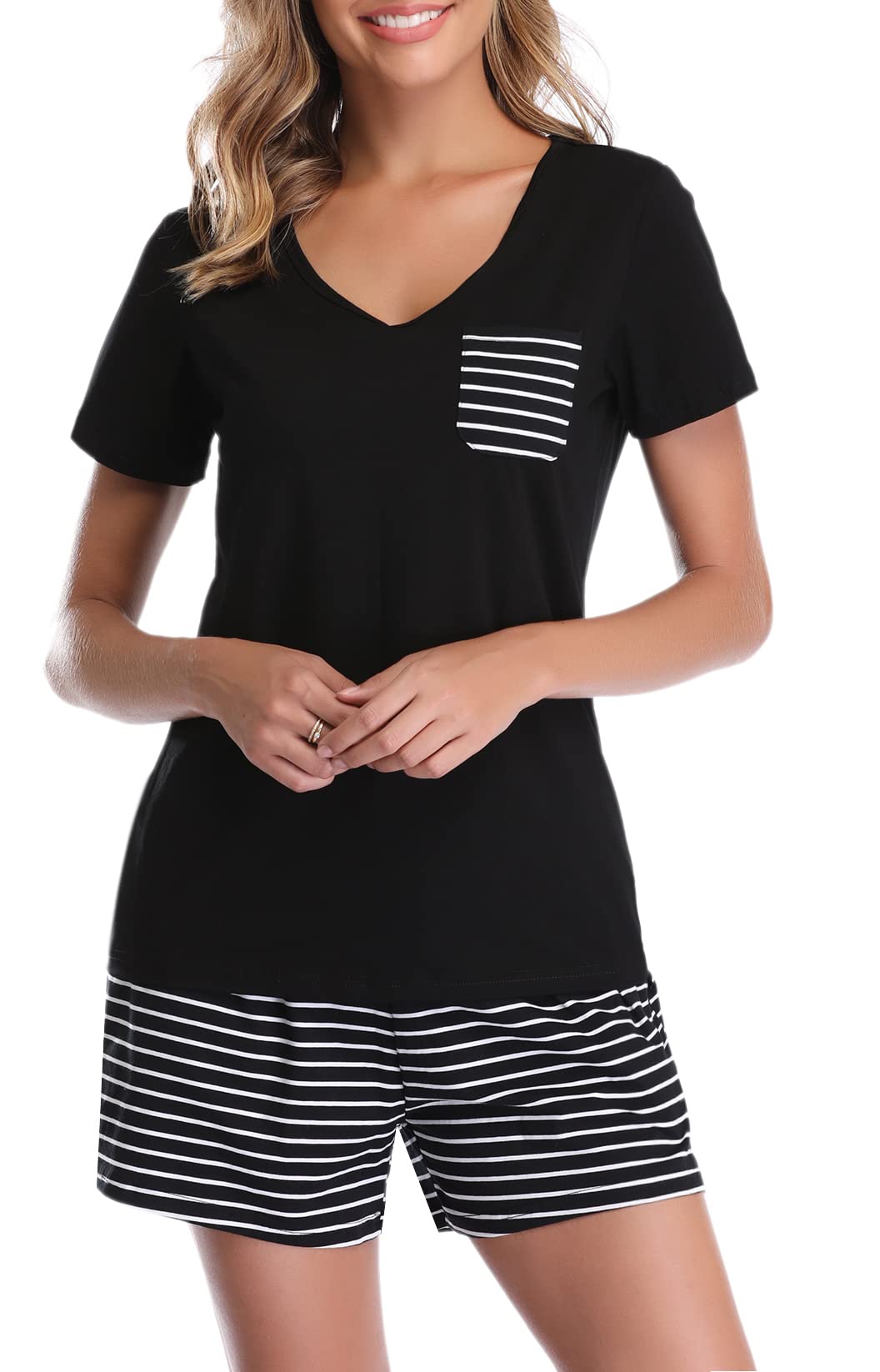 Vlazom Women's Pajama Sets Soft Cotton Summer Short Pj’s Sleepwear V Neck Top Stripe Shorts Loungewear with Pockets Black